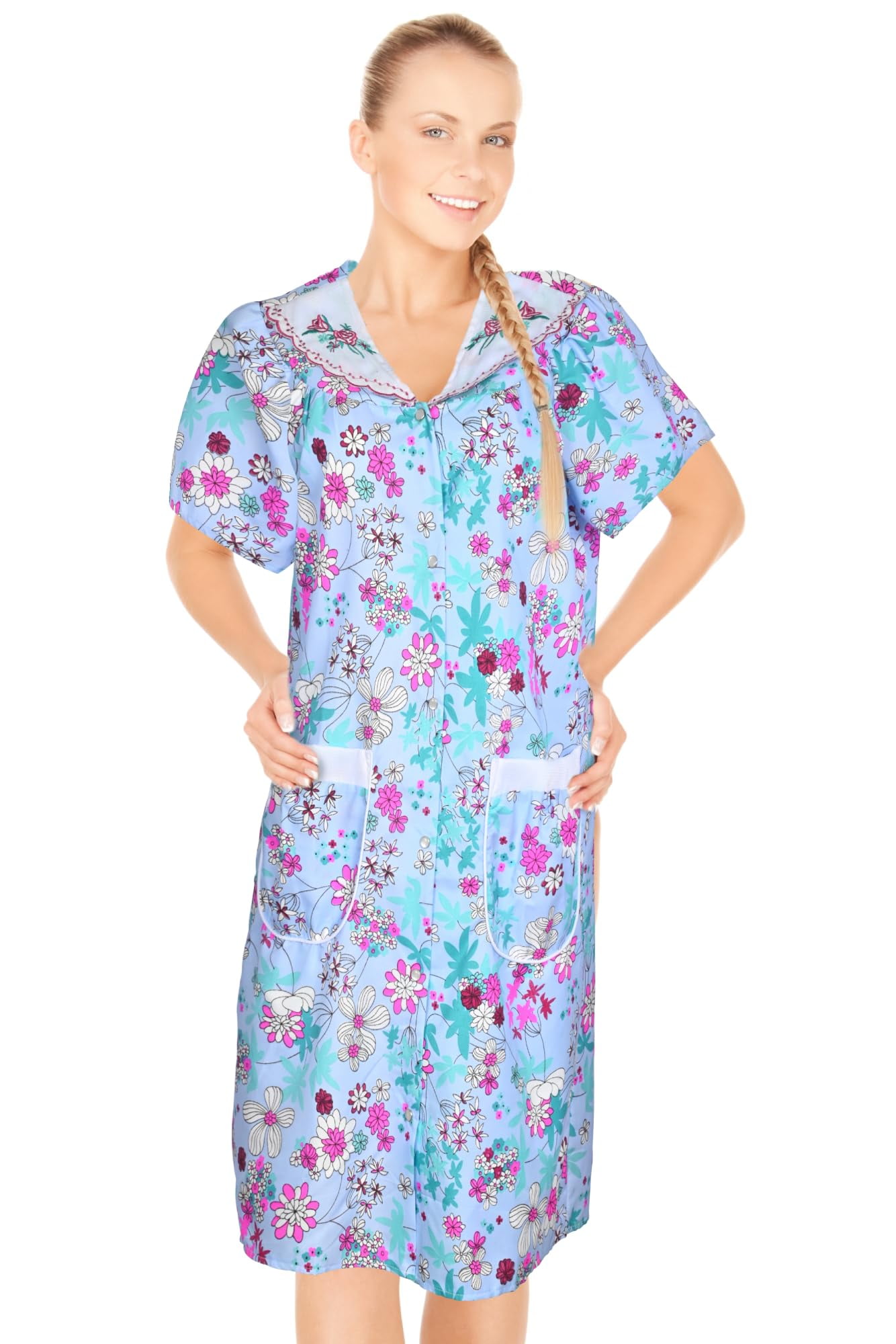 JEFFRICO Women's Snap Front Housecoat Duster, Short Sleeve Nightgown ...