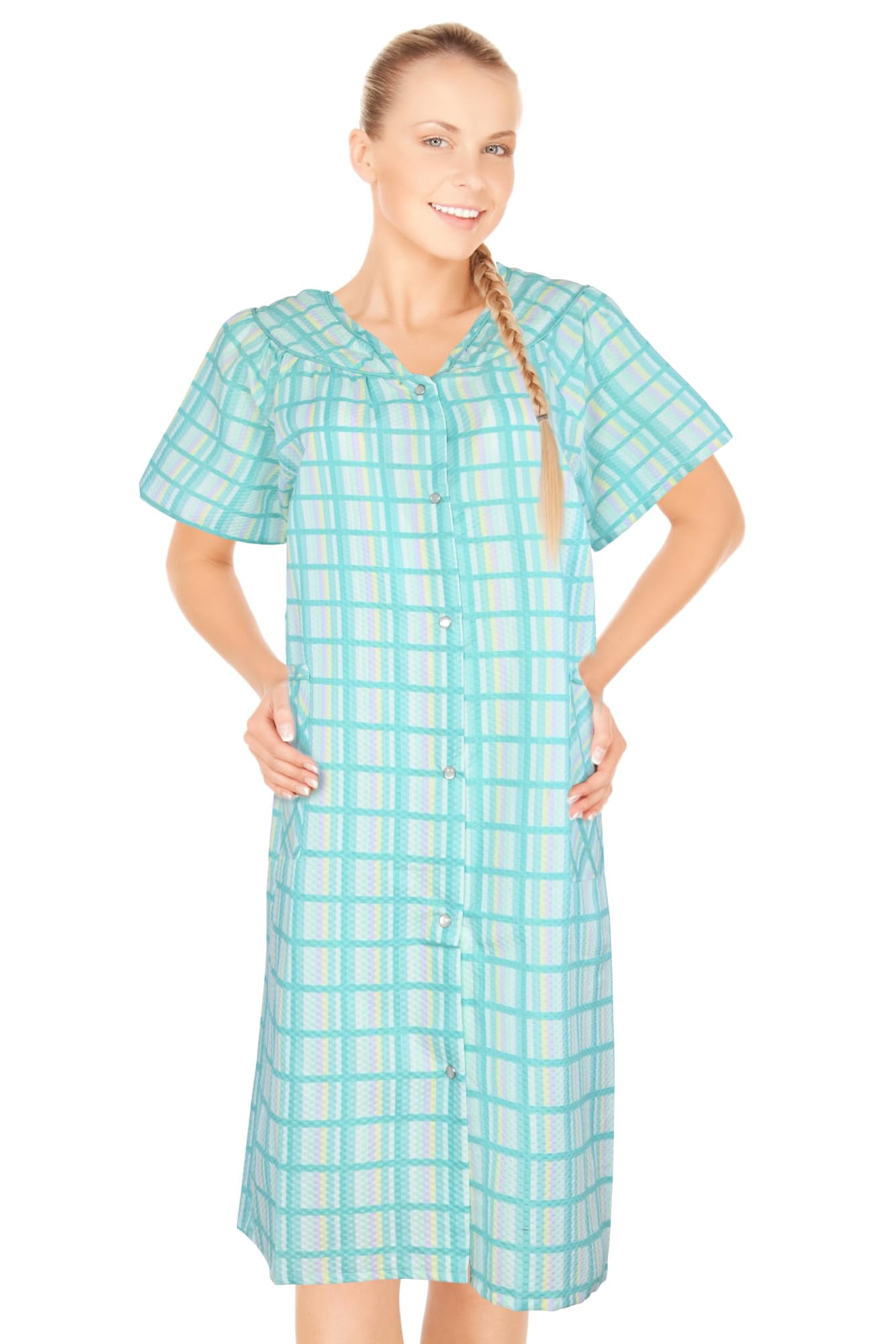 JEFFRICO Women's Snap Front Housecoat Duster, Short Sleeve Nightgown ...