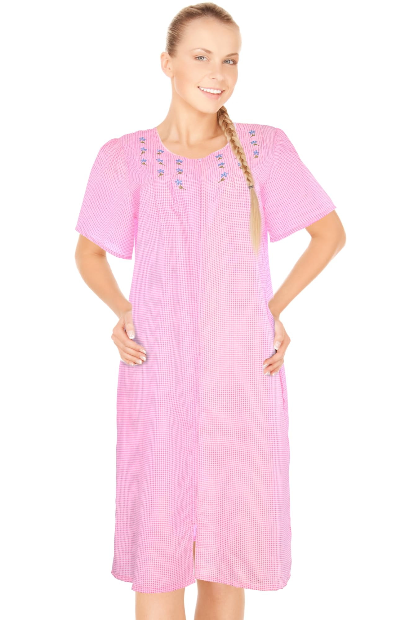 JEFFRICO Women's Zipper Front Cotton Housecoat Duster with Pockets, Short Sleeve Nightgown ...