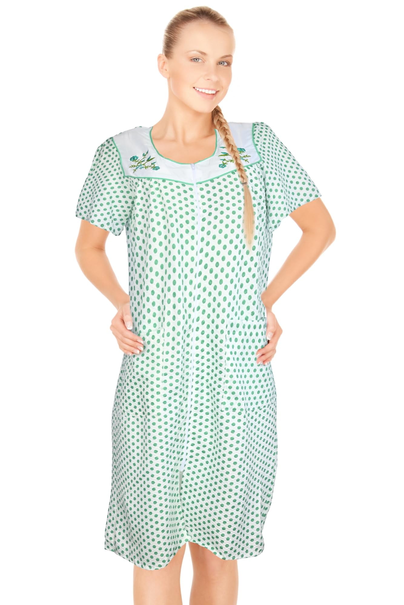 JEFFRICO Women's Cotton Housecoat with Pockets, Zipper Front, Short ...