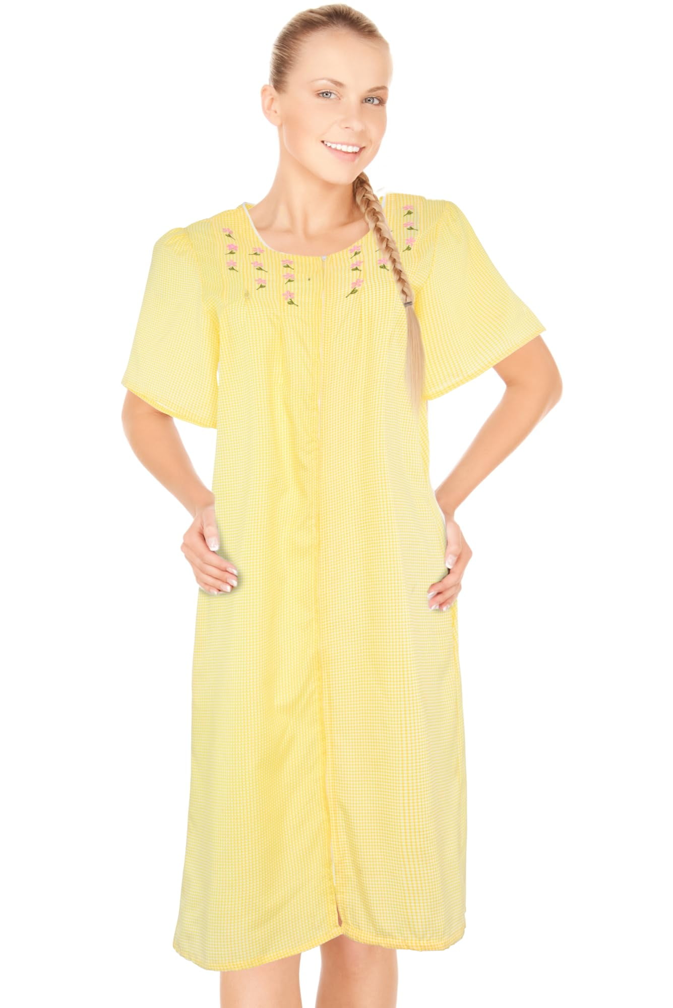 Jeffrico Womens Cotton House Dress, Zipper Front, Short Sleeve, Pockets ...