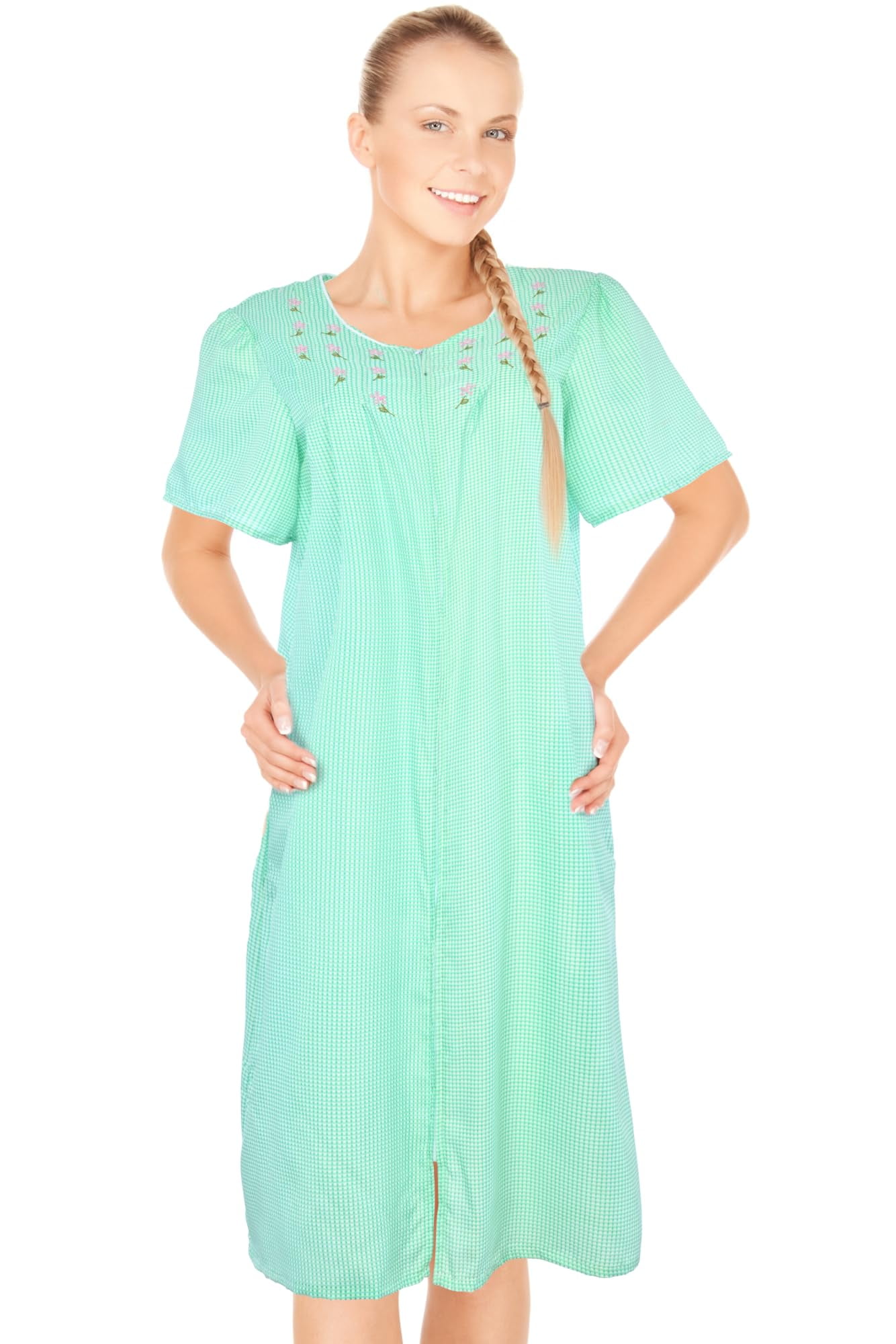 JEFFRICO Womens Zip Front Cotton Housecoat Duster with Pockets, Plus Size Summer Nightgown ...