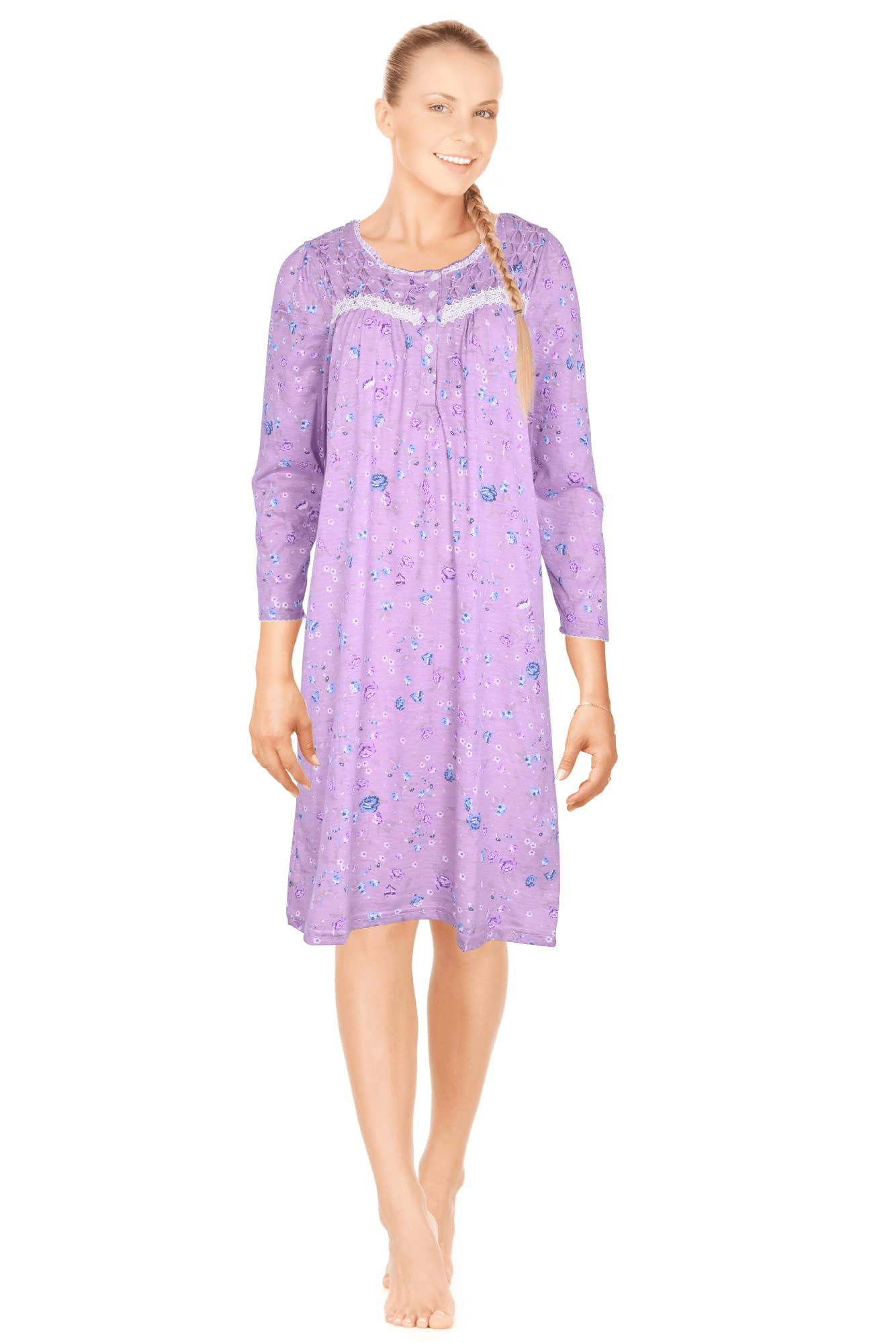 JEFFRICO Womens Long Sleeve Cotton Blend Nightgowns Pintucked Sleepwear ...