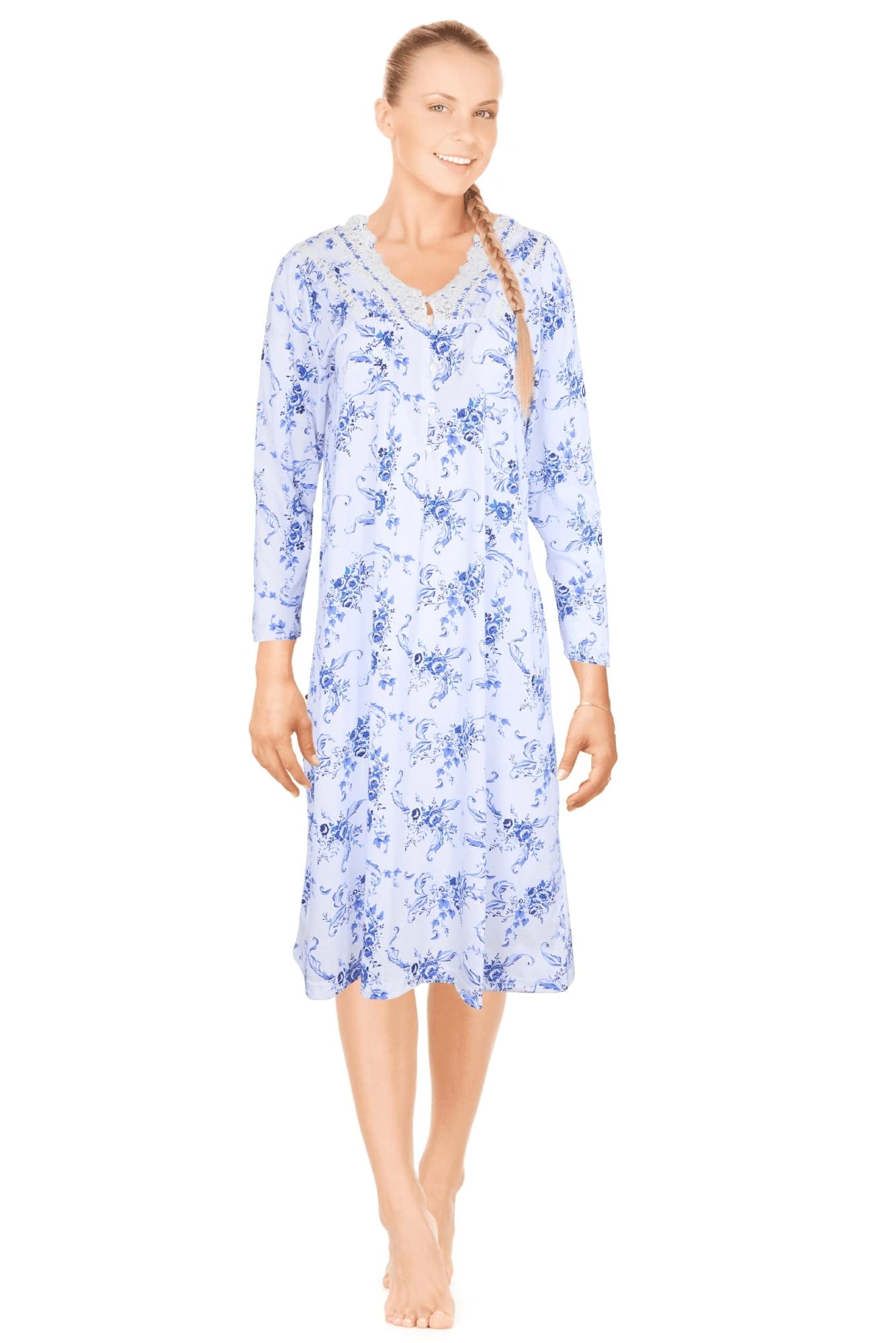 JEFFRICO Womens Long Sleeve Cotton Blend Nightgowns Pintucked Sleepwear ...
