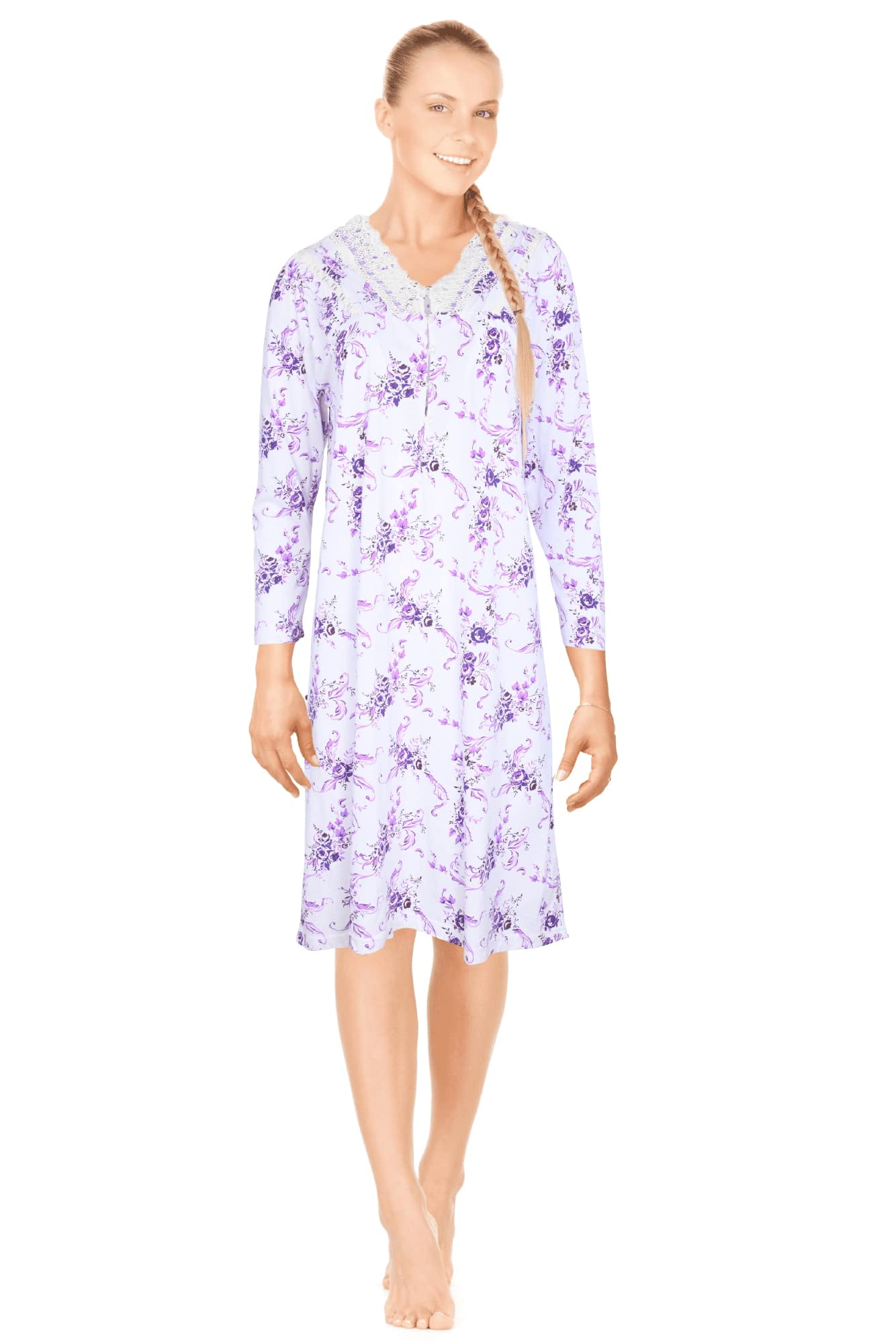 JEFFRICO Womens Long Sleeve Cotton Blend Nightgowns Pintucked Sleepwear ...