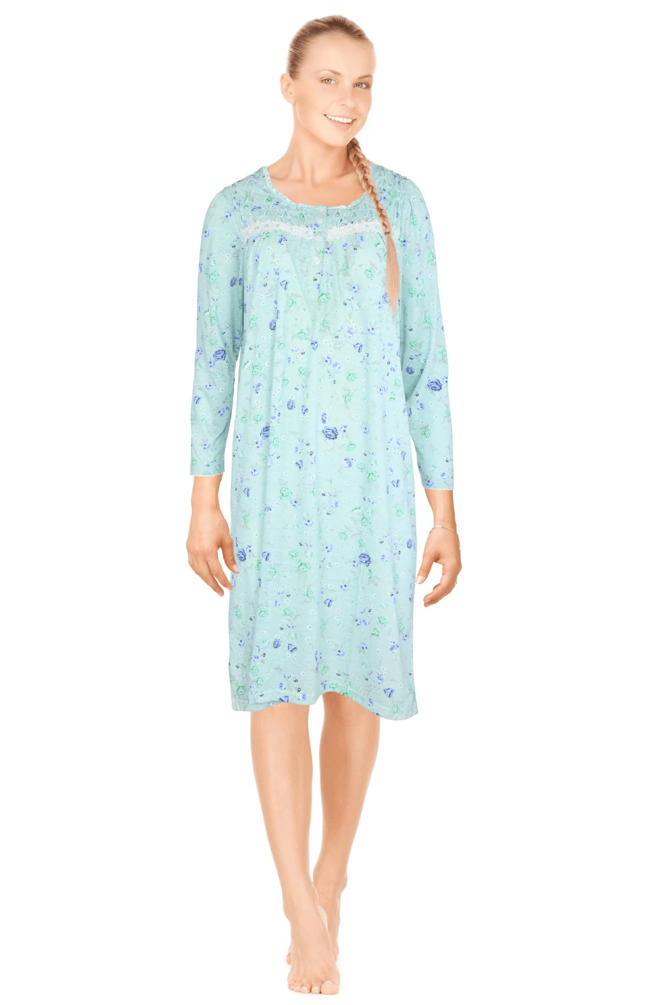 Jeffrico Womens Long Sleeve Cotton Blend Nightgowns, Lace Detail, Soft ...