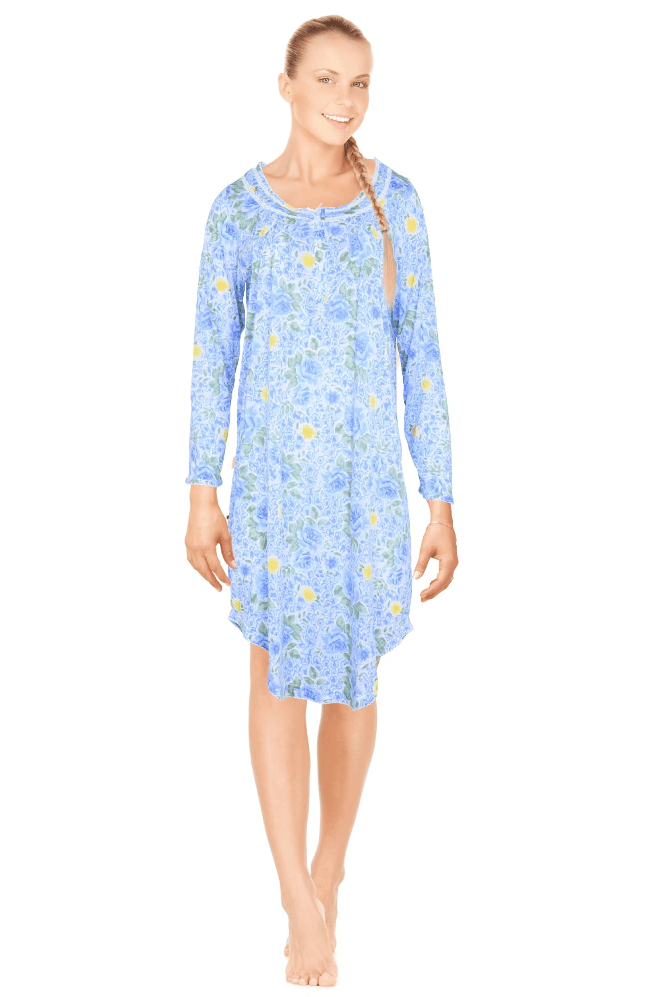 JEFFRICO Womens Long Sleeve Cotton Blend Nightgowns Pintucked Sleepwear ...