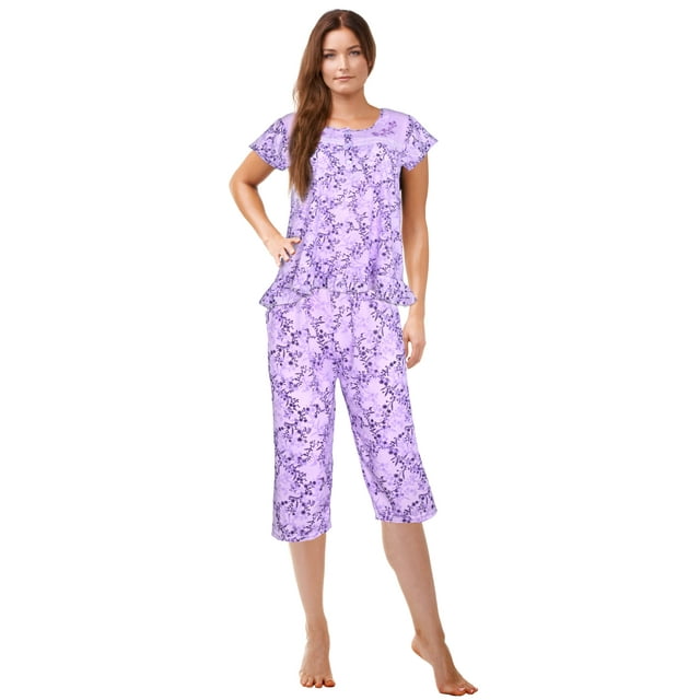 JEFFRICO Women's Short Sleeve Pajama Capri Set Sleepwear, Soft Plus ...