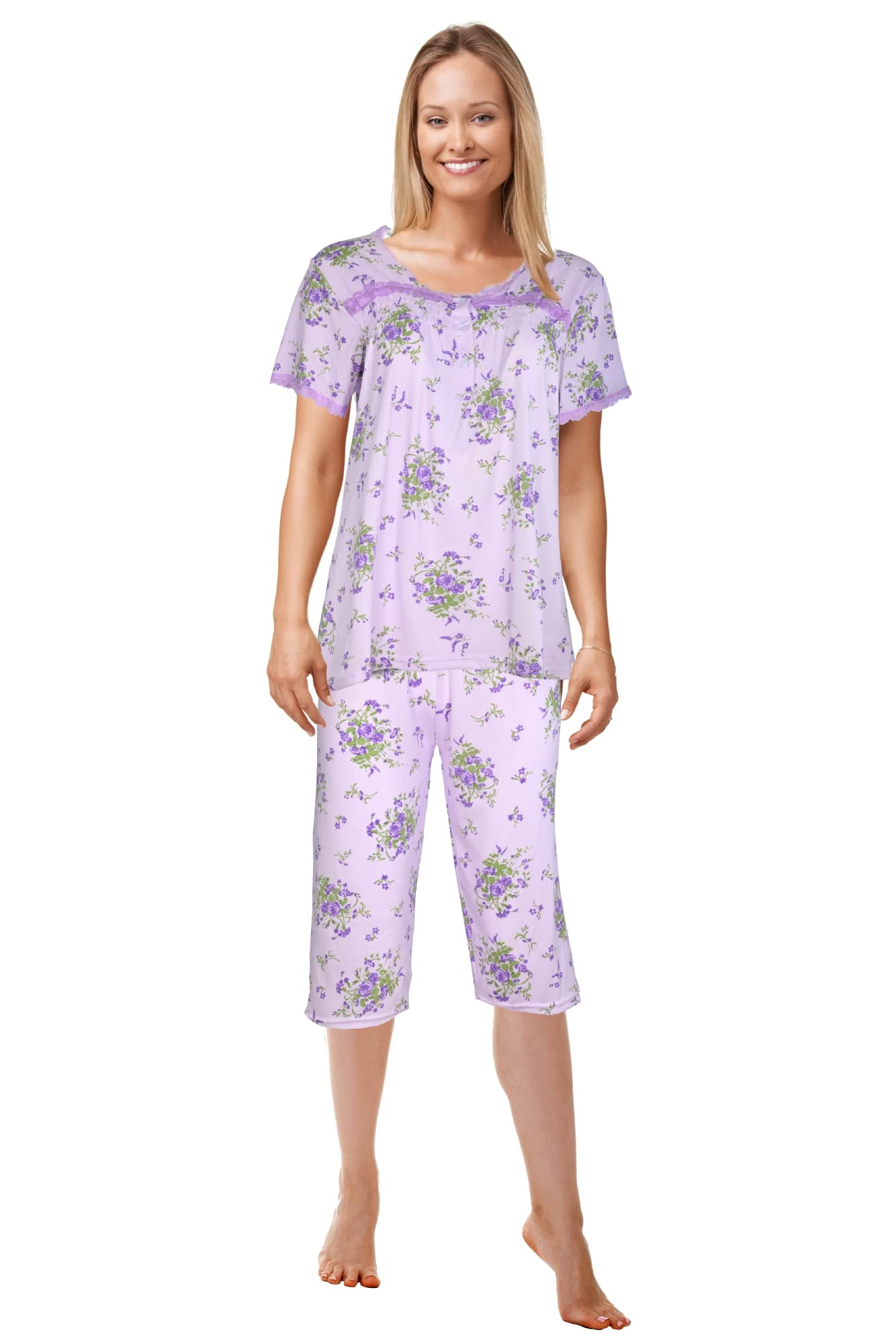 JEFFRICO Womens Soft Plus Size Pajamas - Short Sleeve Top and Capri ...