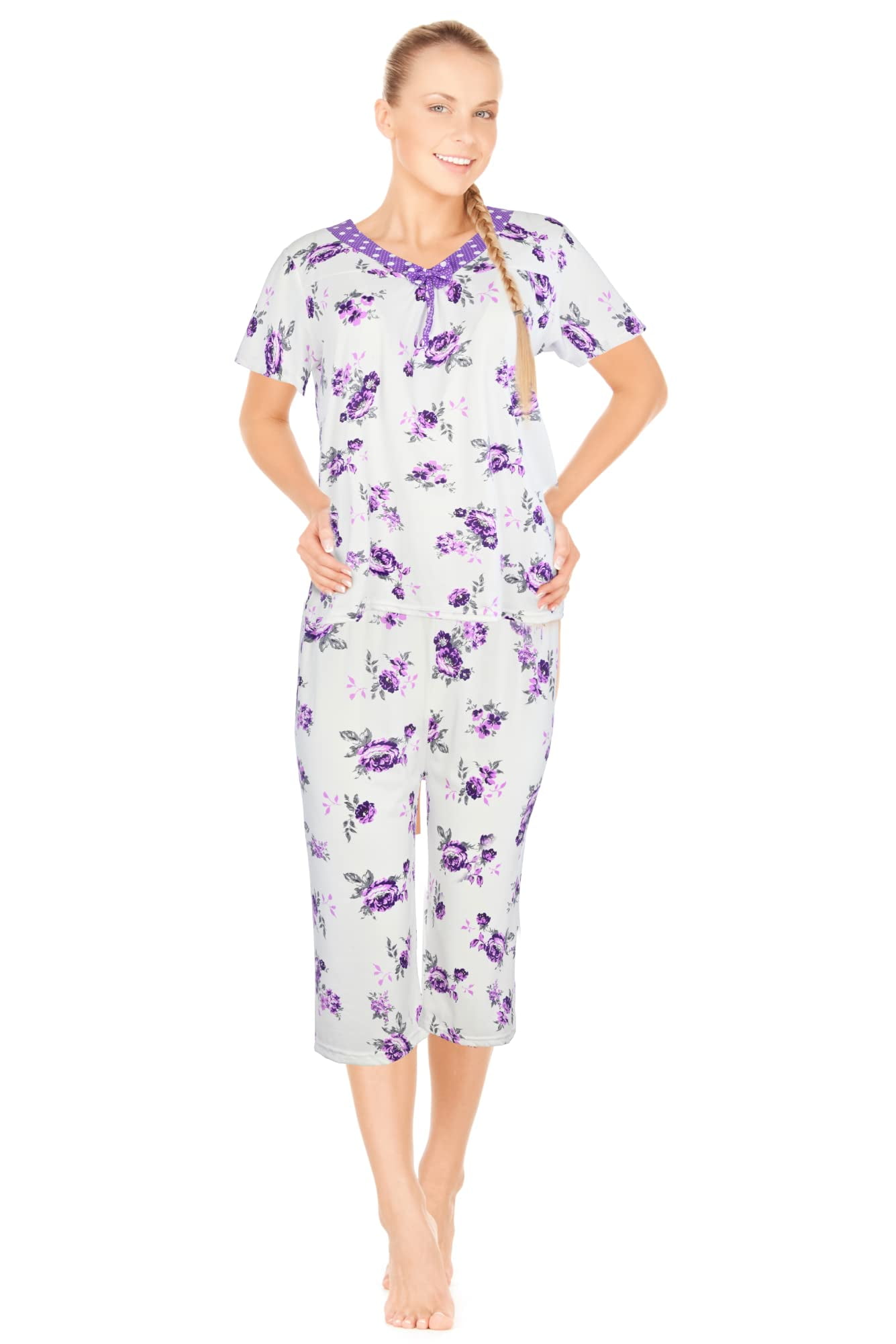 JEFFRICO Women's Soft Sleepwear Capri Set Pajamas with Short Sleeve Top ...