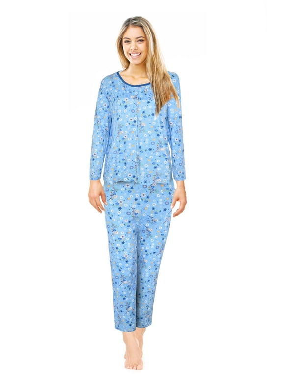 Aria Brushed Jersey Knit Long Sleeve Split Neck Pajama Set with Pockets ...