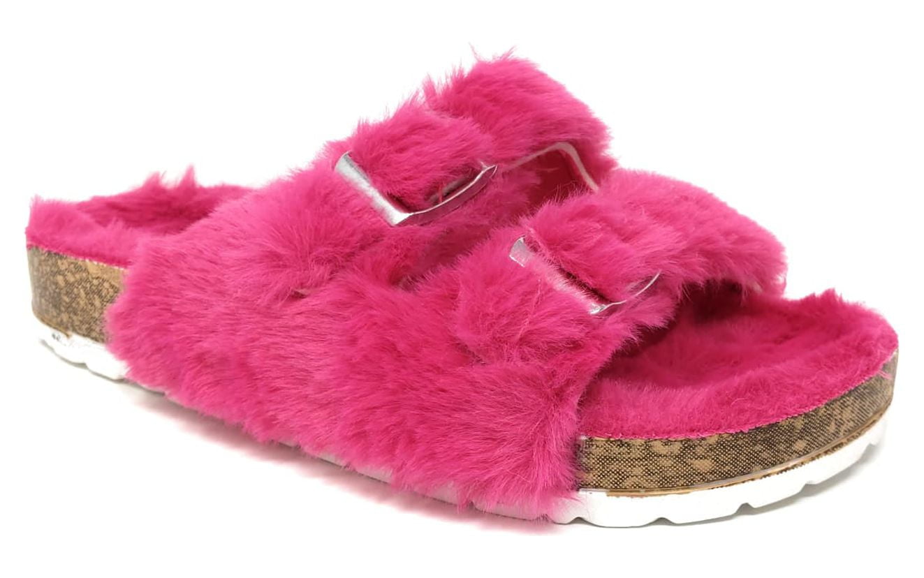 JEFFRICO Womens Sandals Double Strap Faux Fur Double Buckle Soft ...