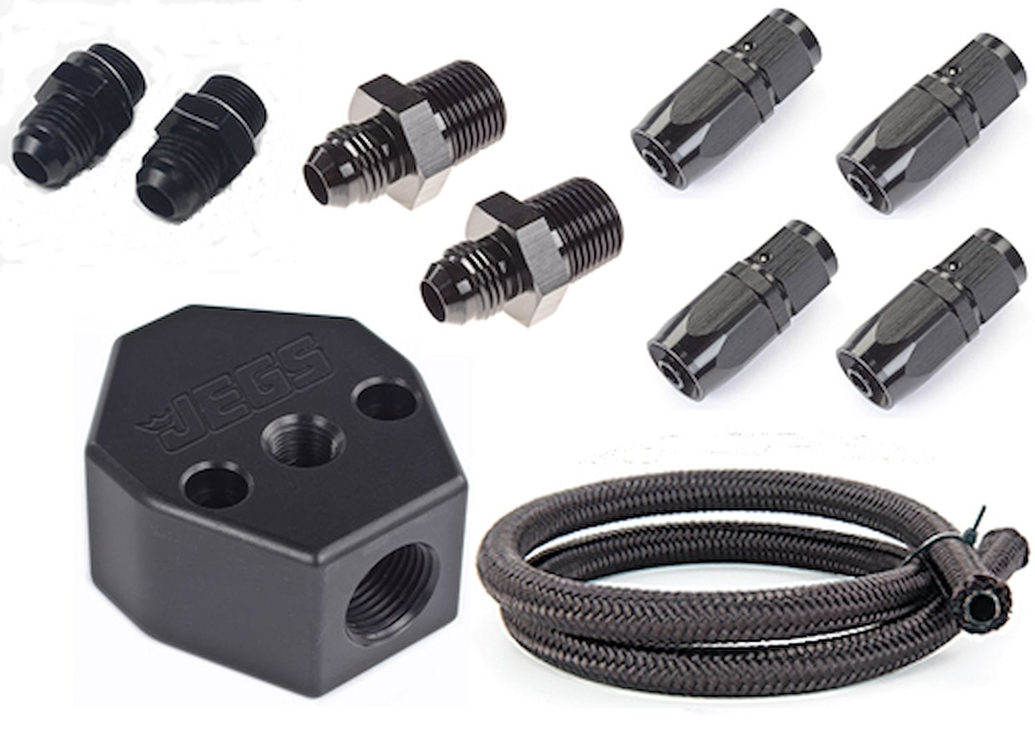 JEGS 15111K1 Fuel Line Kit -6AN Includes: (1) Y-Block (1) 3 Black Nylon ...