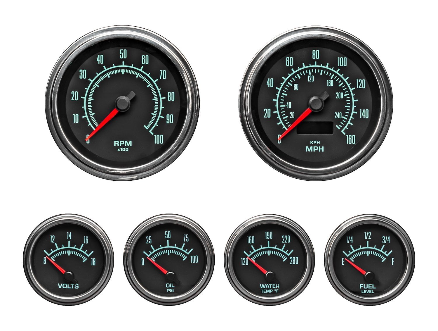 JEGS 41448 Retro Muscle Car 6-Gauge Set Black Analog Face Green Numbers ...