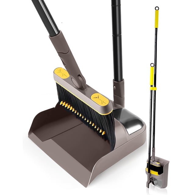 JEHONN Broom and Dustpan with Comb Teeth for Home (Brown and Yellow ...