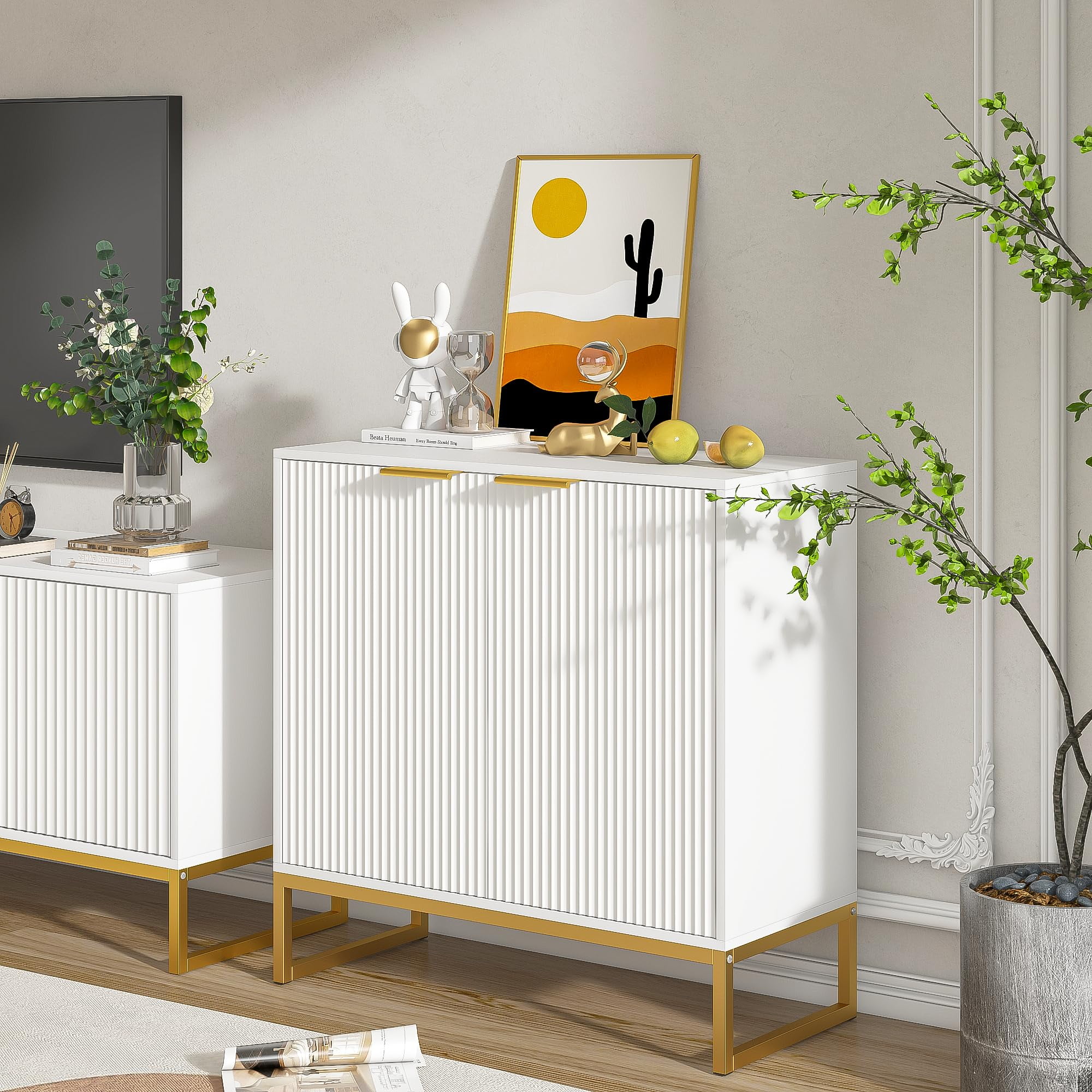 JEJEGORICH Fluted Storage Sideboard Medium Density Fiberboard White, 48 ...