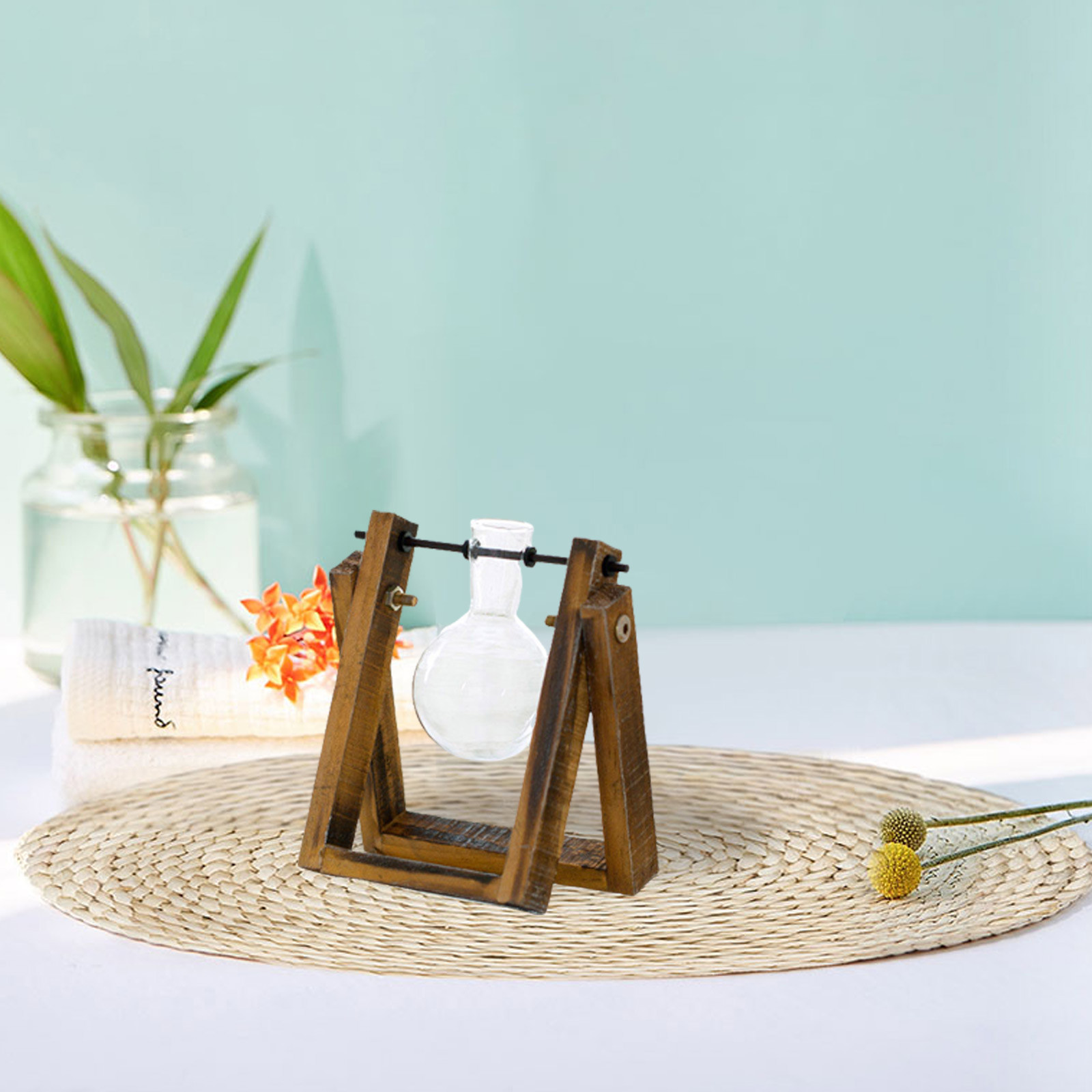 JELSUBI Plant Terrarium with Wooden Stand, Air Planter Bulb Glass Vase ...