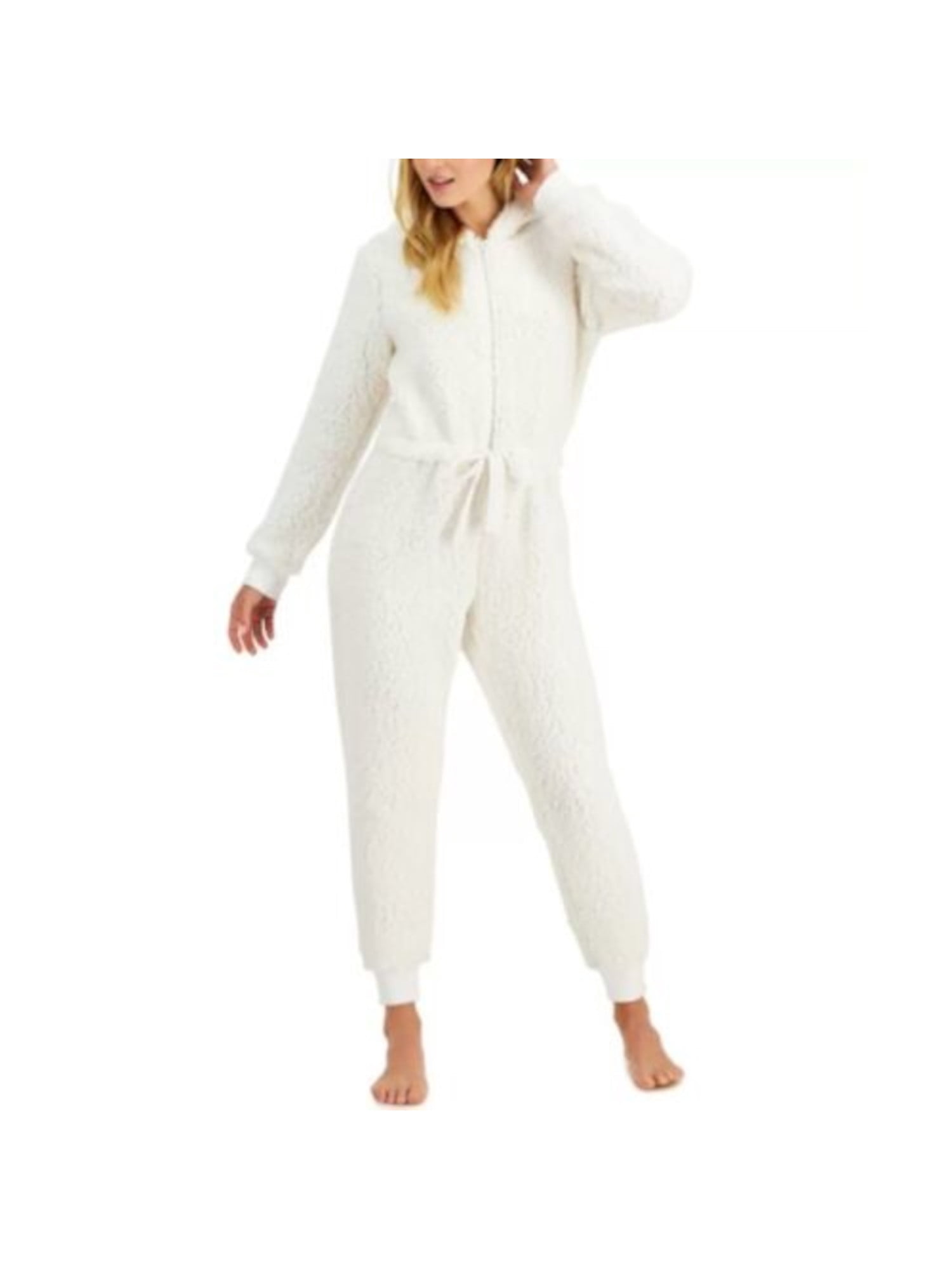 JENNI Intimates White Drawstring Hooded Tie Waist Sherpa Union Suit ...
