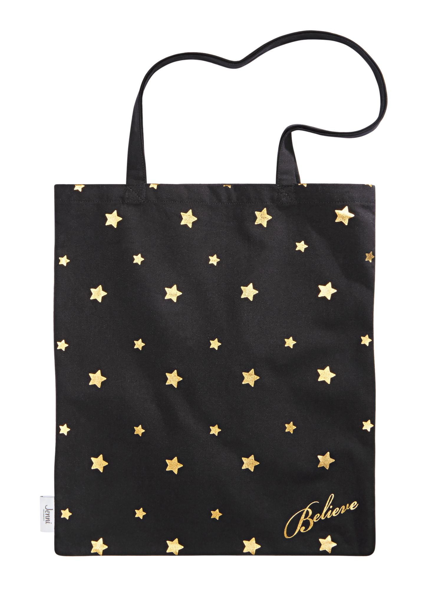 JENNI Women's Black Printed Polyester Gold Star Double Flat Strap Tote ...