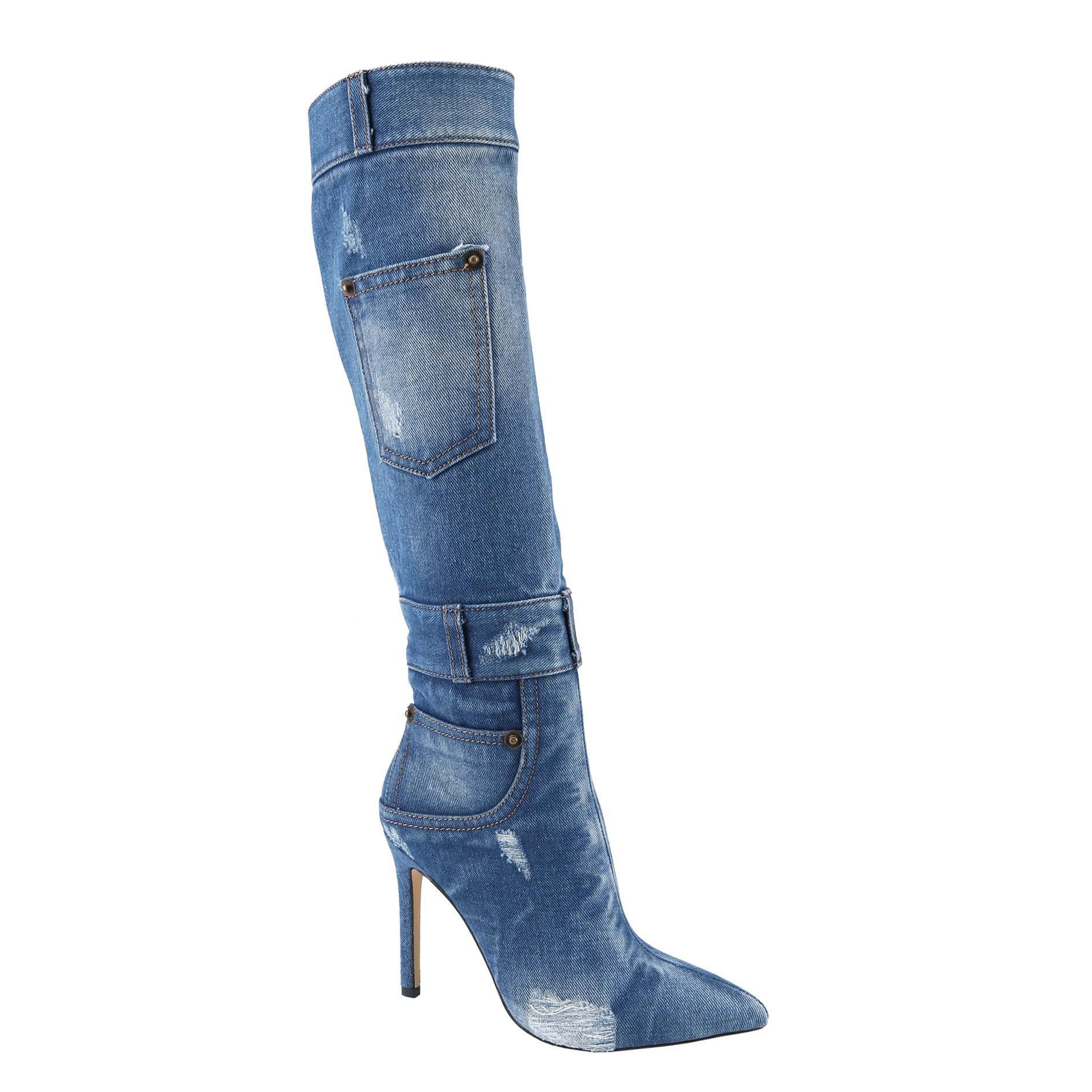 【JENS-2】Belovely Women's denim high-heeled mid-calf boots with pointed ...