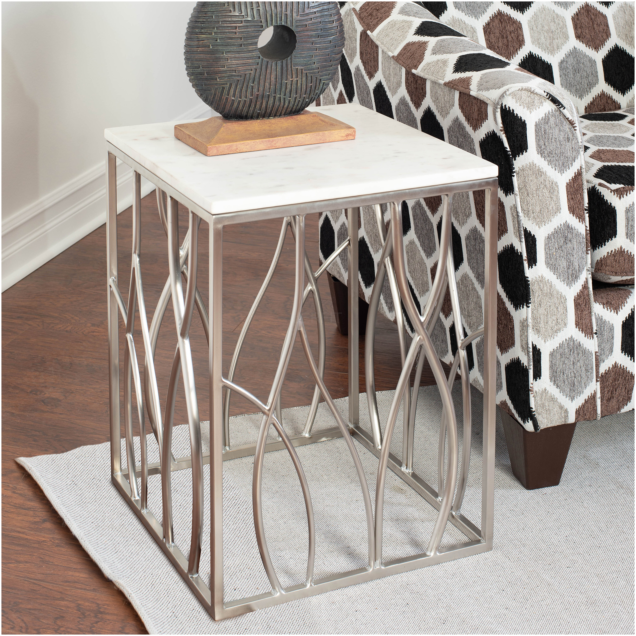 JERFIT 18 inch Square End Table with White Marble Top & Stainless Steel ...
