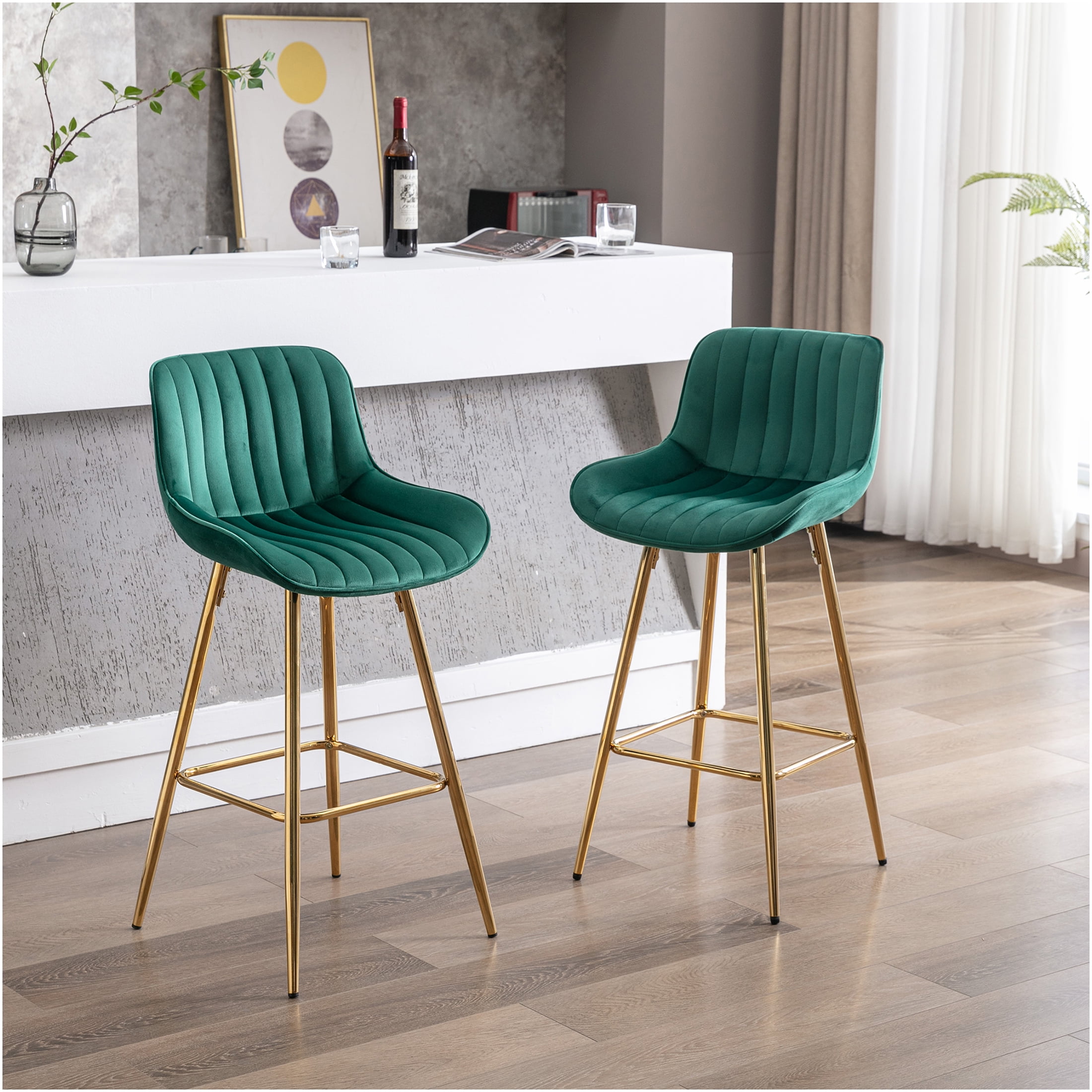 JERFIT 2-Pack Green Velvet Bar Stools with Chrome Footrest and Foam ...