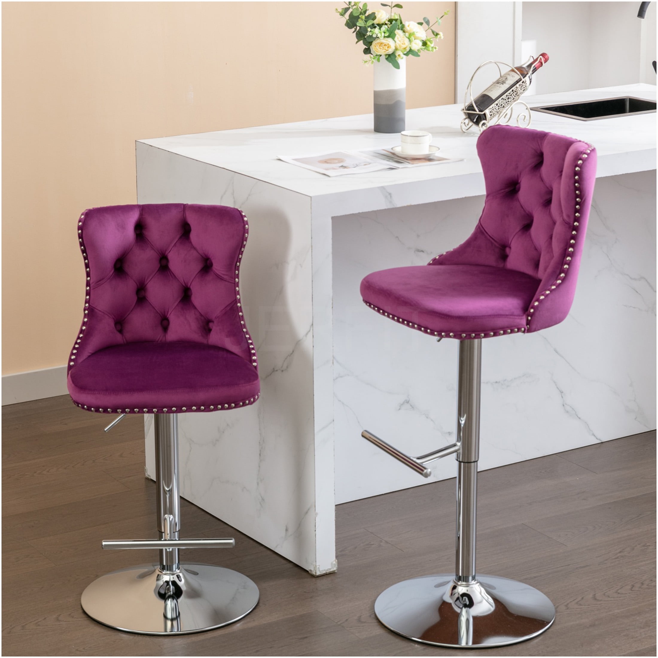 JERFIT 2-Pack Purple Velvet Swivel Bar Stools with Backs, Adjustable ...