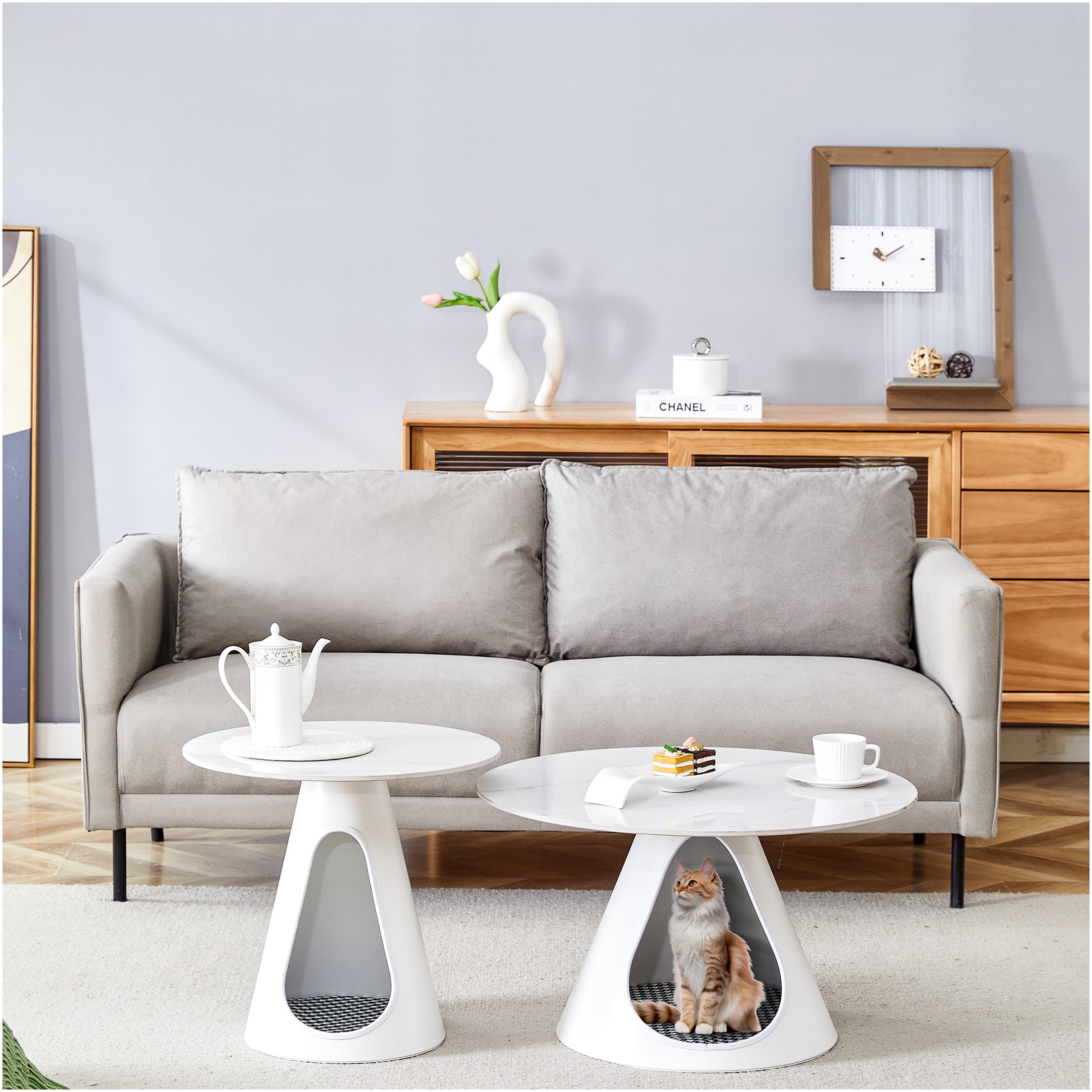 JERFIT 2-Pack Round End Tables with Cat Bed, White Marble Look Coffee ...