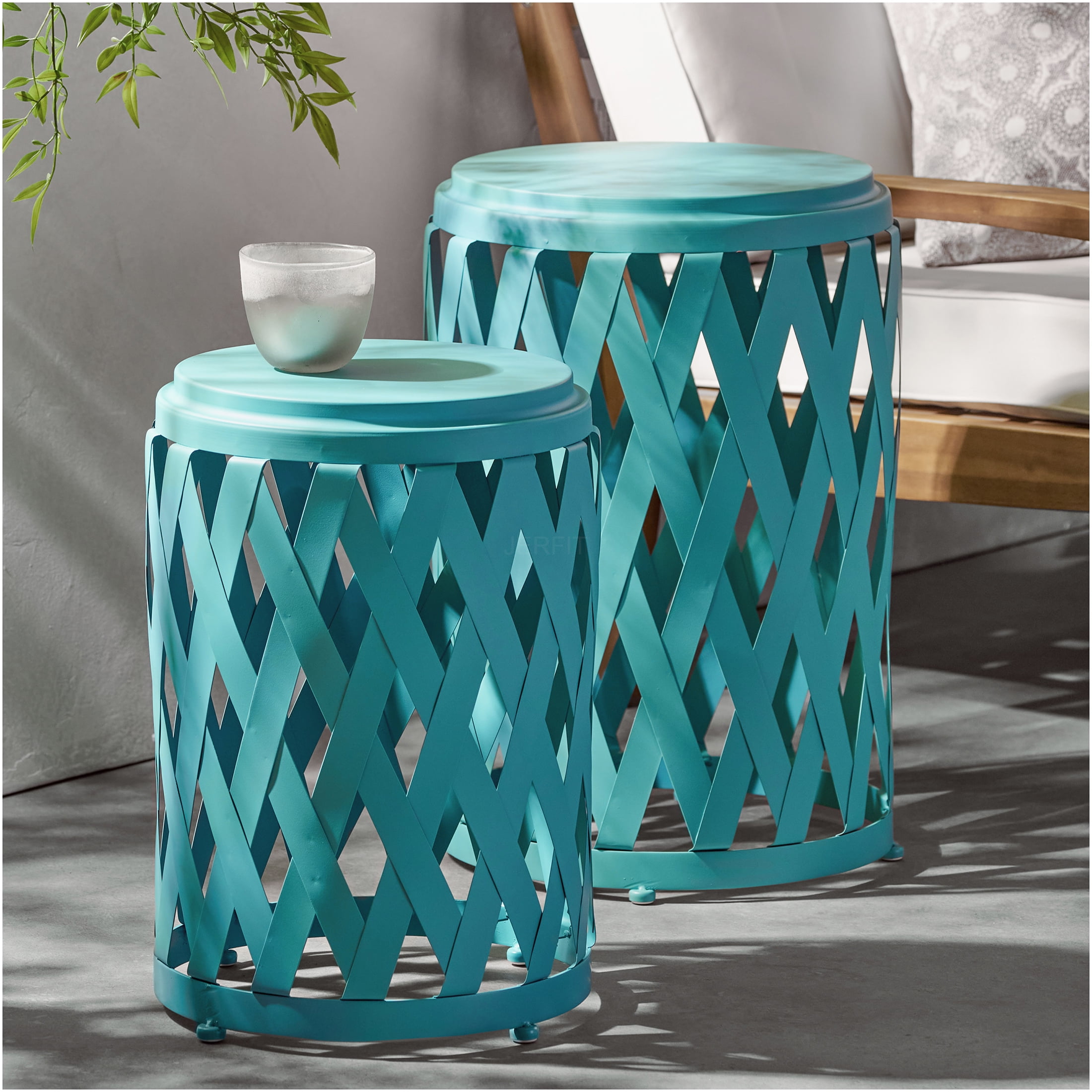JERFIT 2-Pack Teal Outdoor End Tables, Iron Lattice Side Table Patio ...