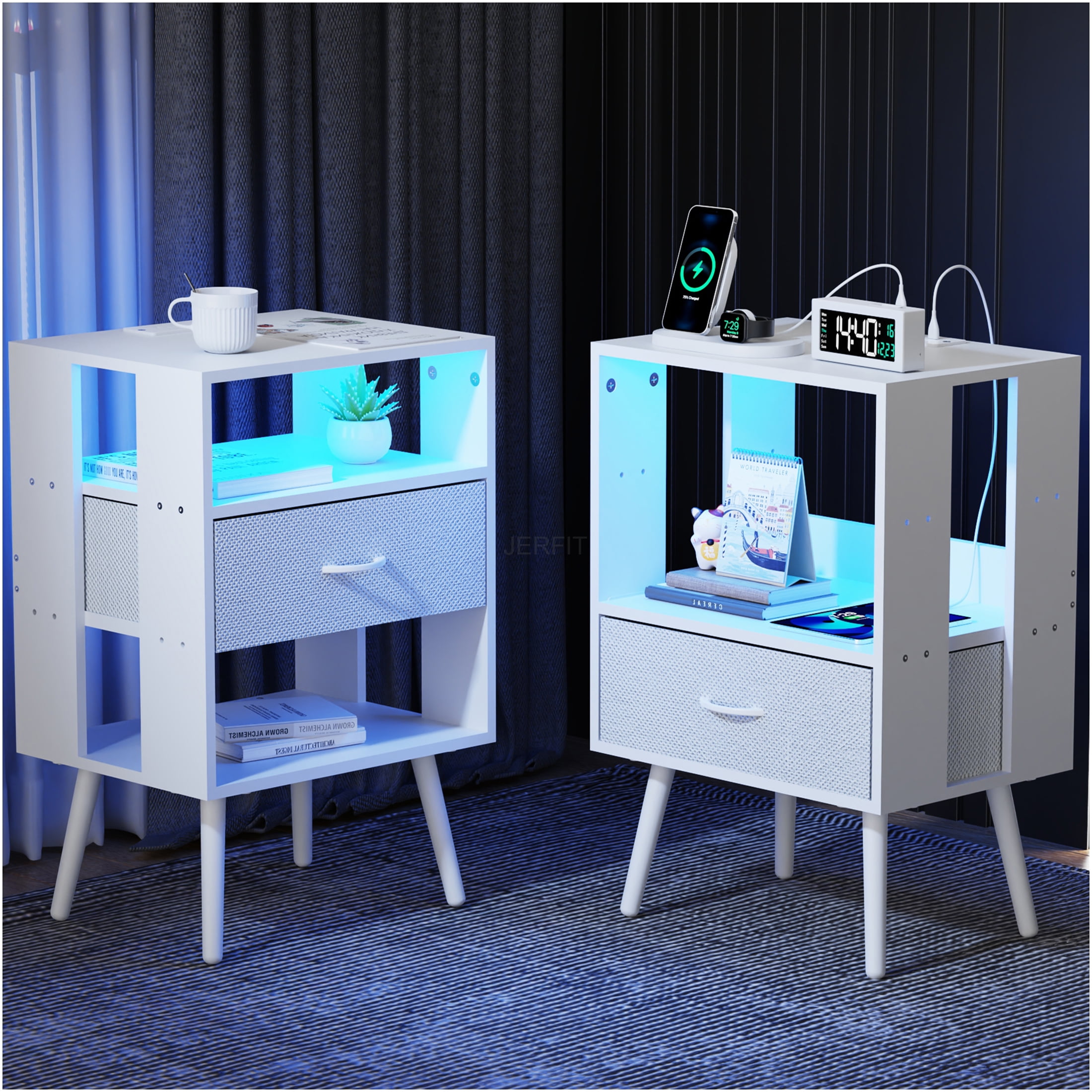JERFIT 2-Pack White Modern Nightstands with USB Charging Station ...