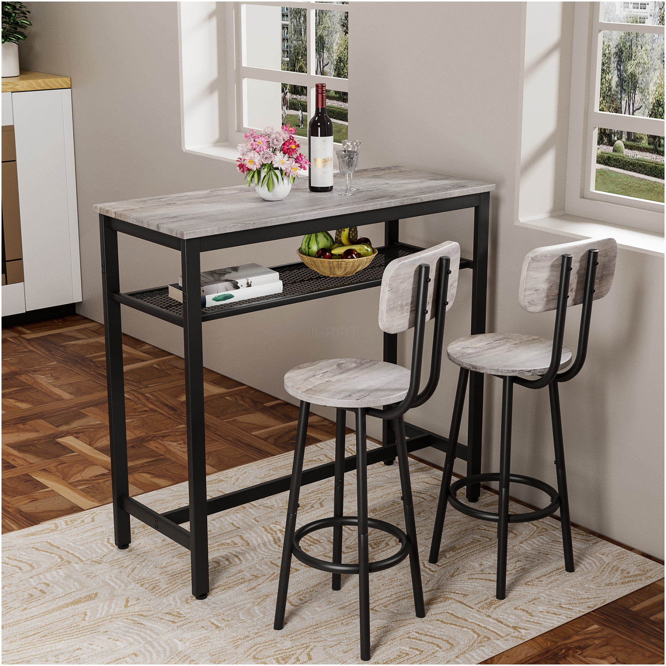 JERFIT 2-Person Pub Table Set with 2 Stools, Grey Space-Saving Counter ...