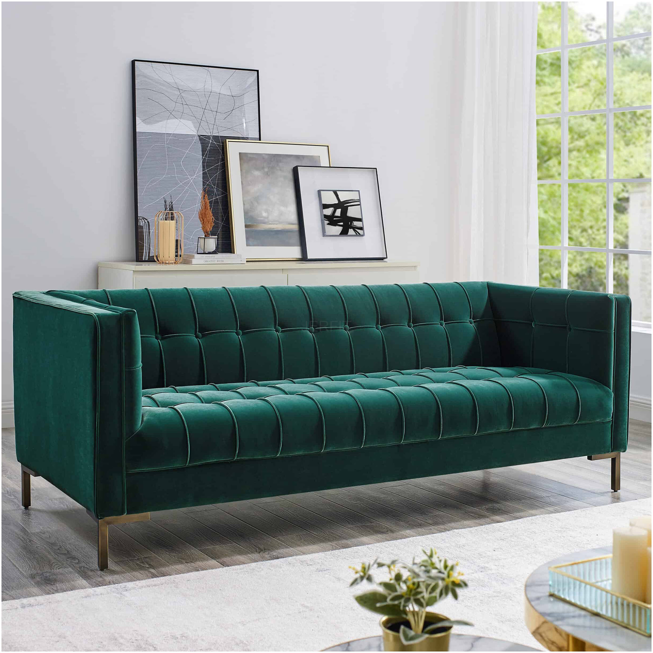 JERFIT 2-Seater Velvet Tuxedo Sofa with Channel Stitching, Emerald ...