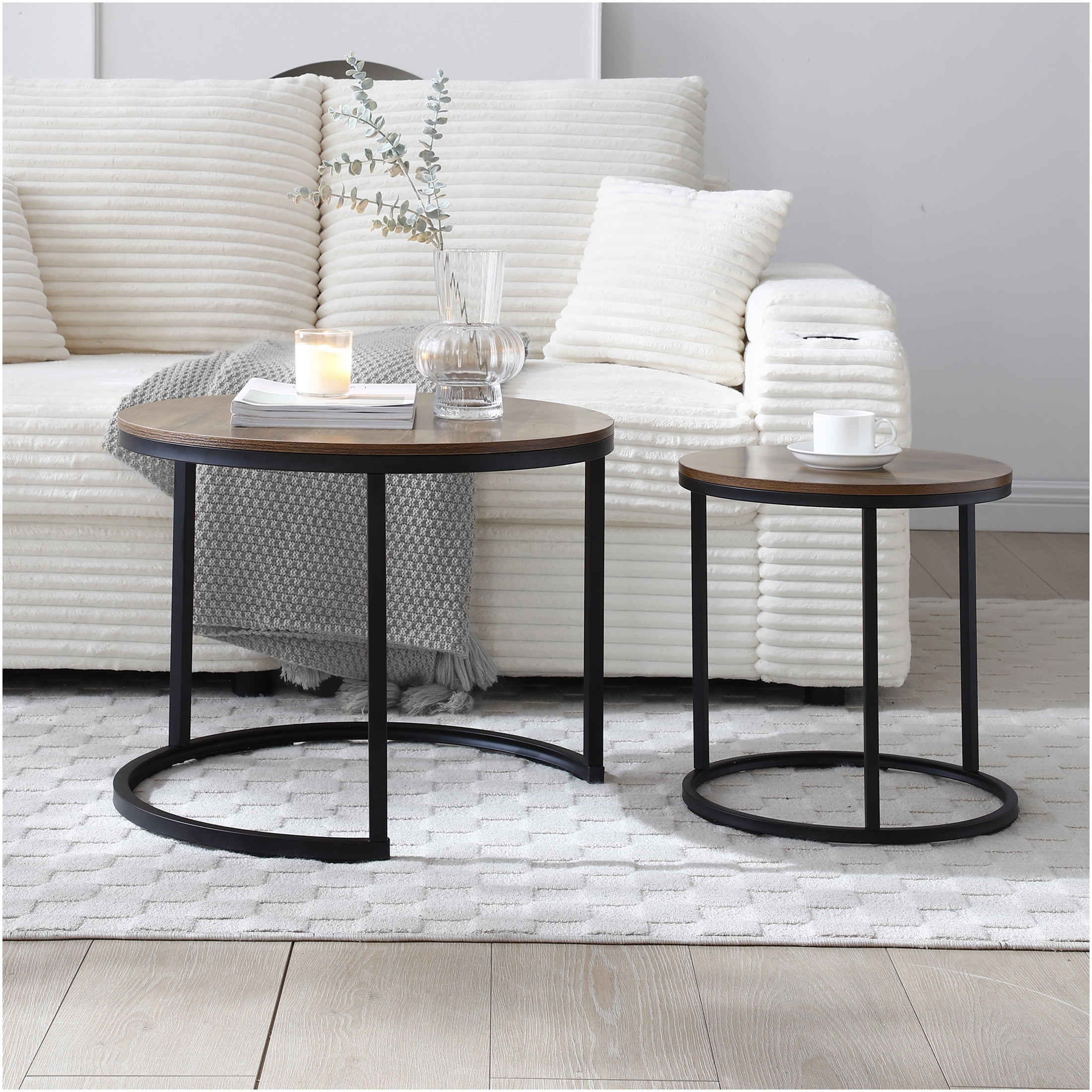 JERFIT 2-Tier Round Nesting End Tables, Walnut Top Metal Frame ...