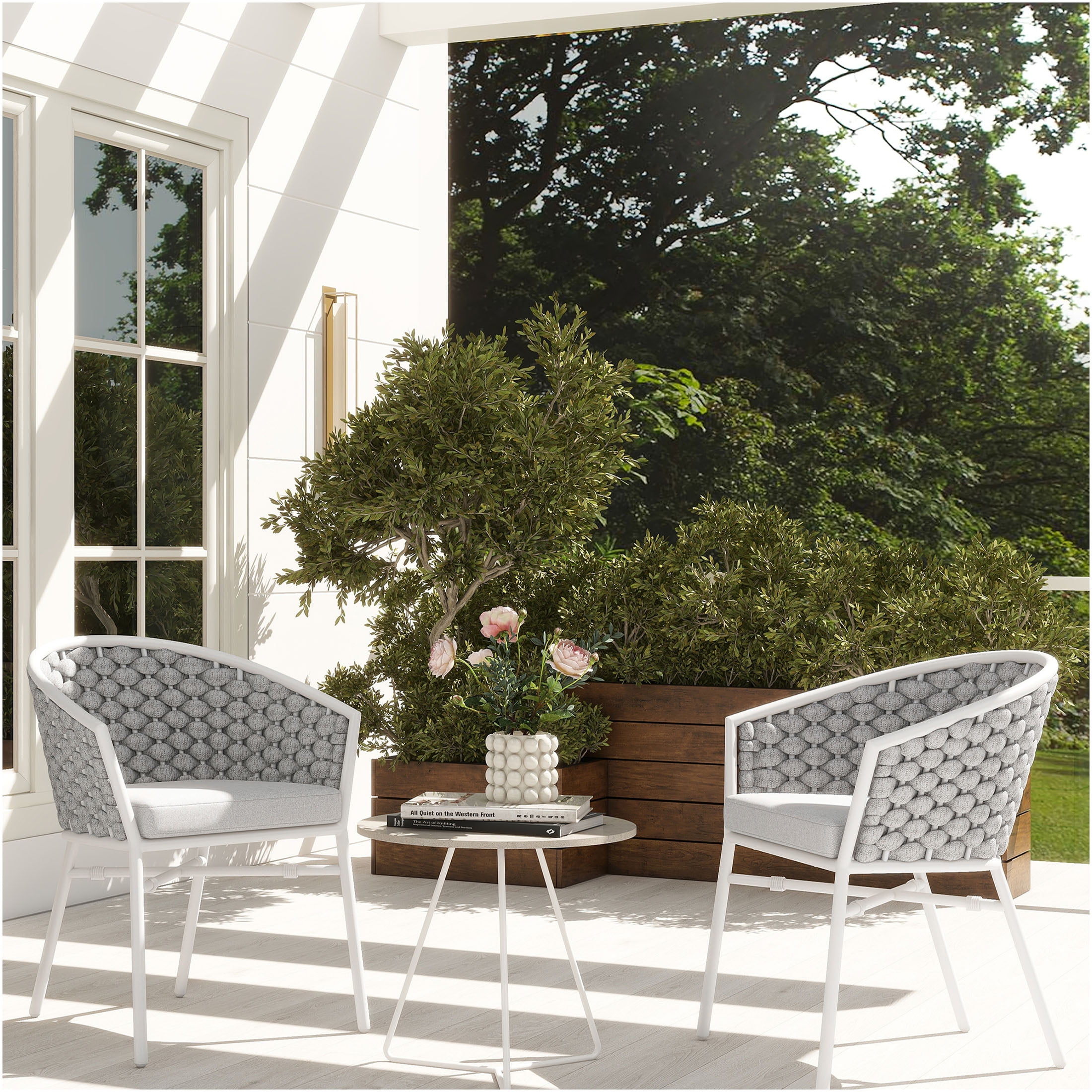 JERFIT 24 Inch Outdoor Dining Chairs Set of 2, White Acrylic Rope Weave ...