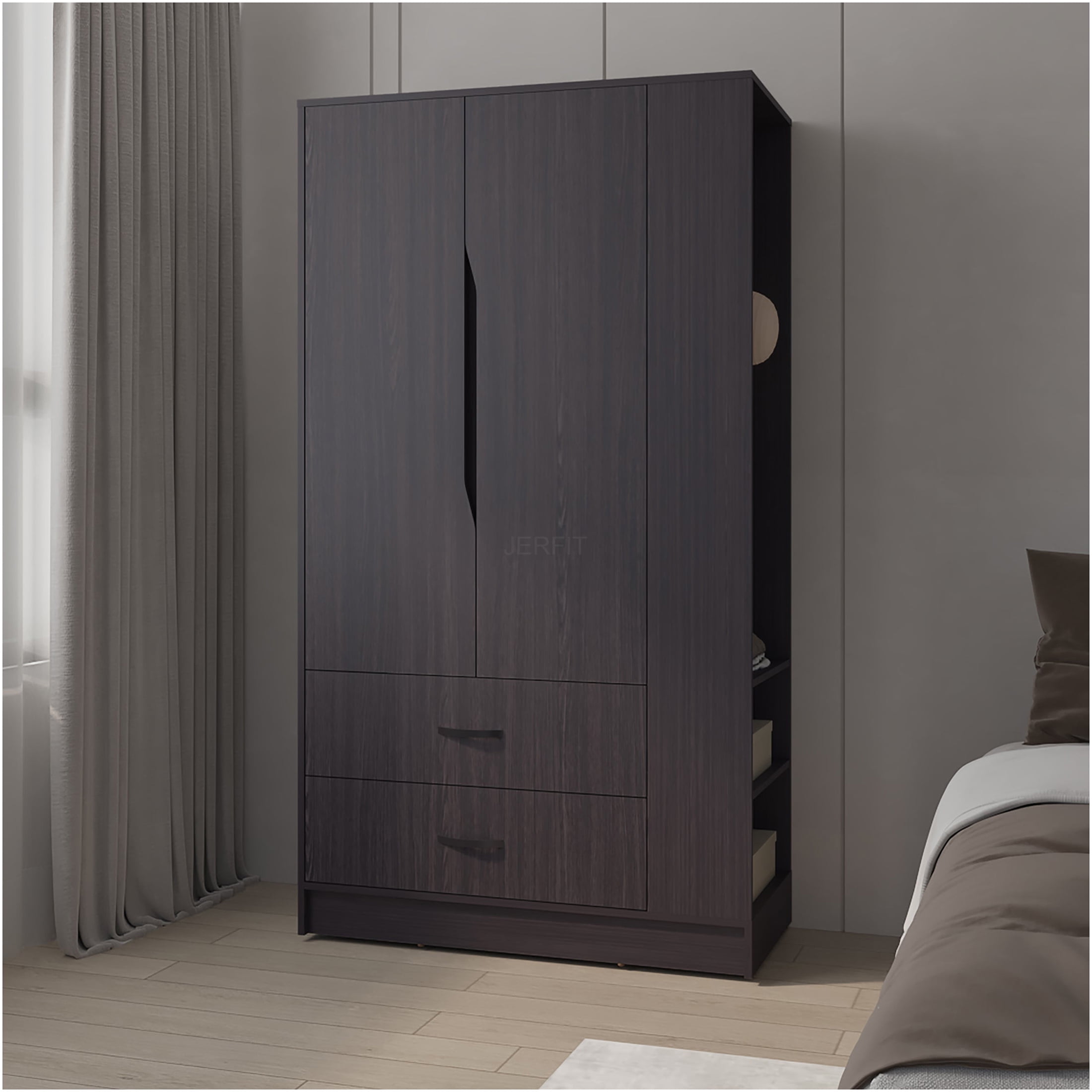 JERFIT 3-Door Wenge Armoire with Drawer, Open Shelf & Hanging Rod for ...
