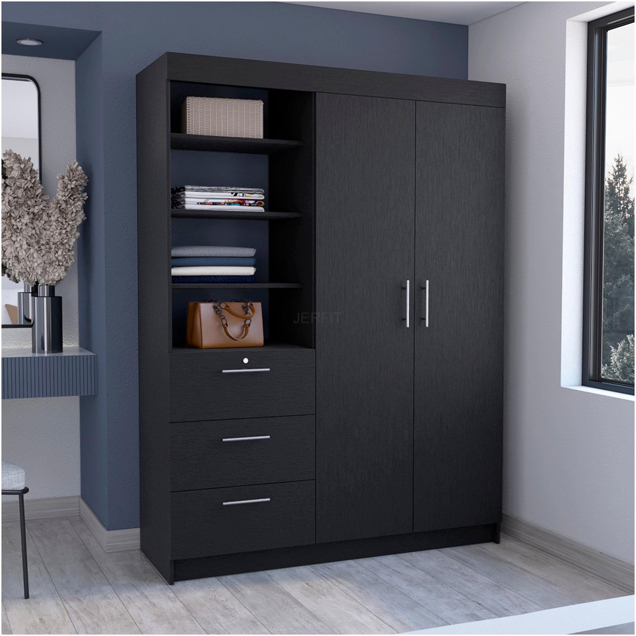 JERFIT 3-Drawer Armoire with Double Doors & Shelves, Freestanding ...