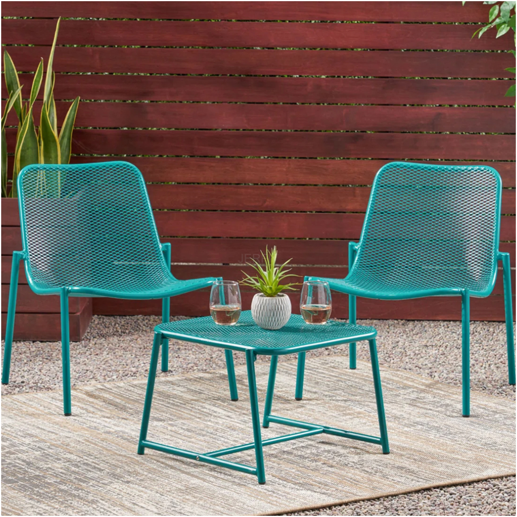 JERFIT 3-Piece Patio Bistro Set, Teal Outdoor Iron Furniture with Glass ...
