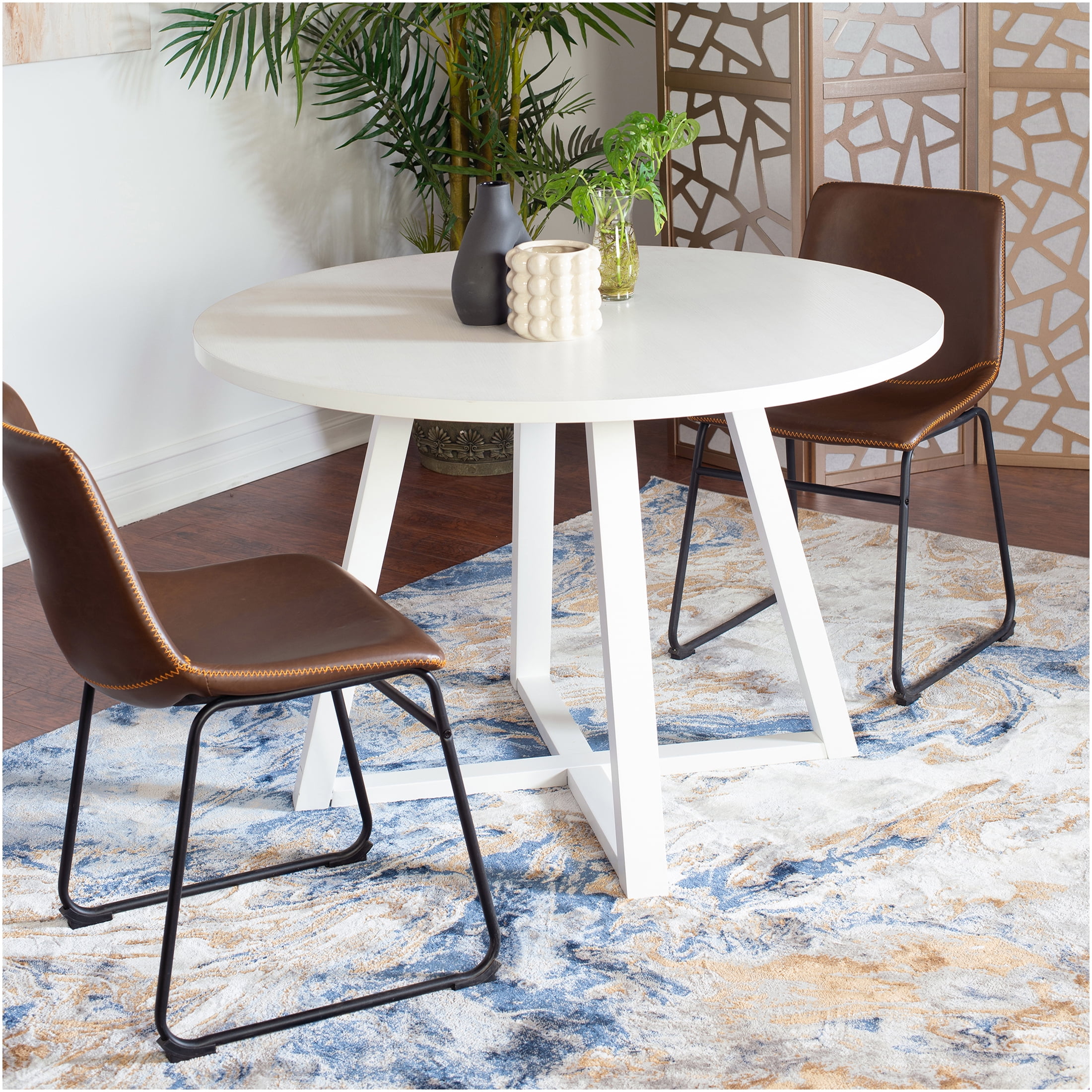 JERFIT 3-Piece Round Dining Set with Trestle Table & 2 Chairs, White ...