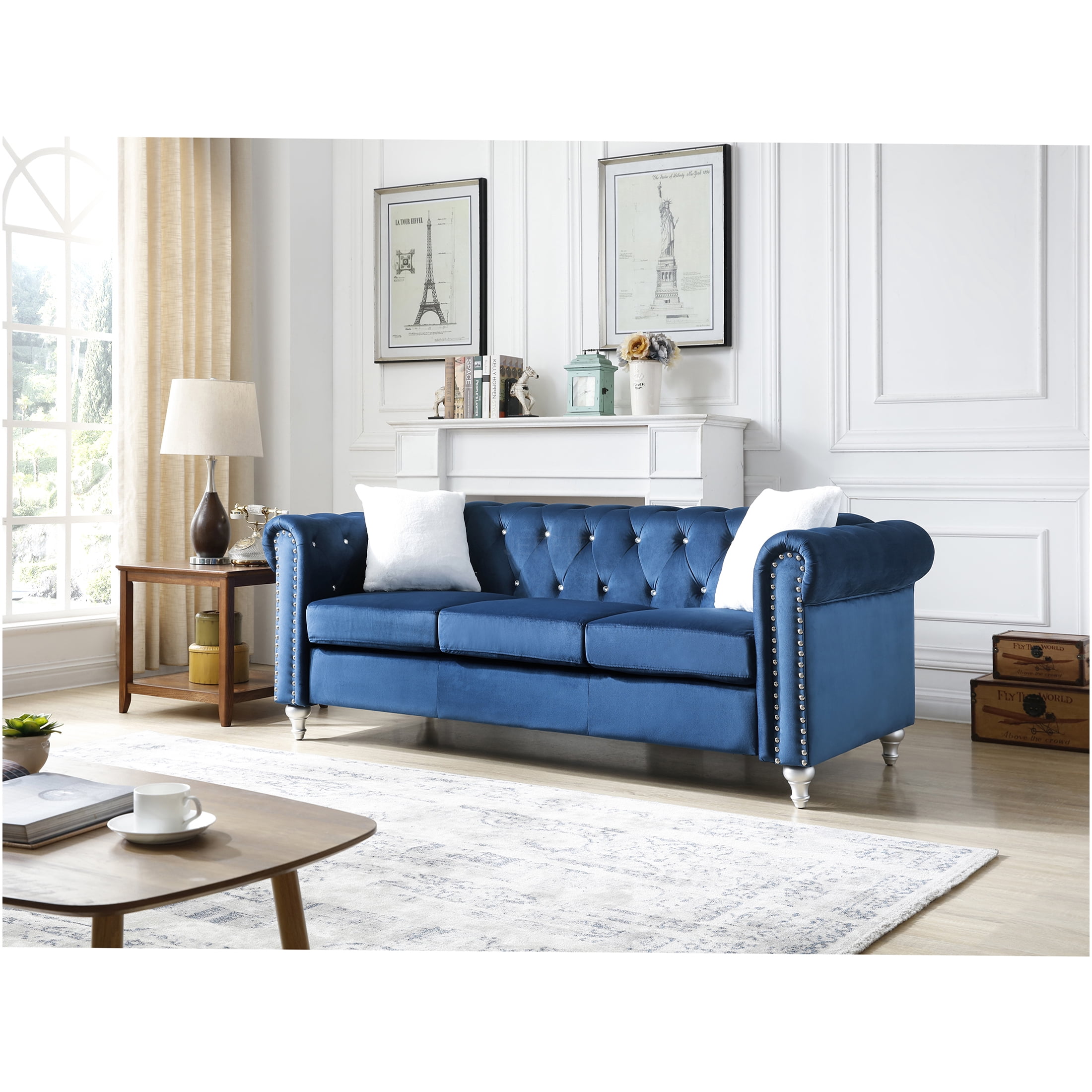 JERFIT 3-Seater Velvet Sofa with Tufted Back and Nailhead Trim, Navy ...