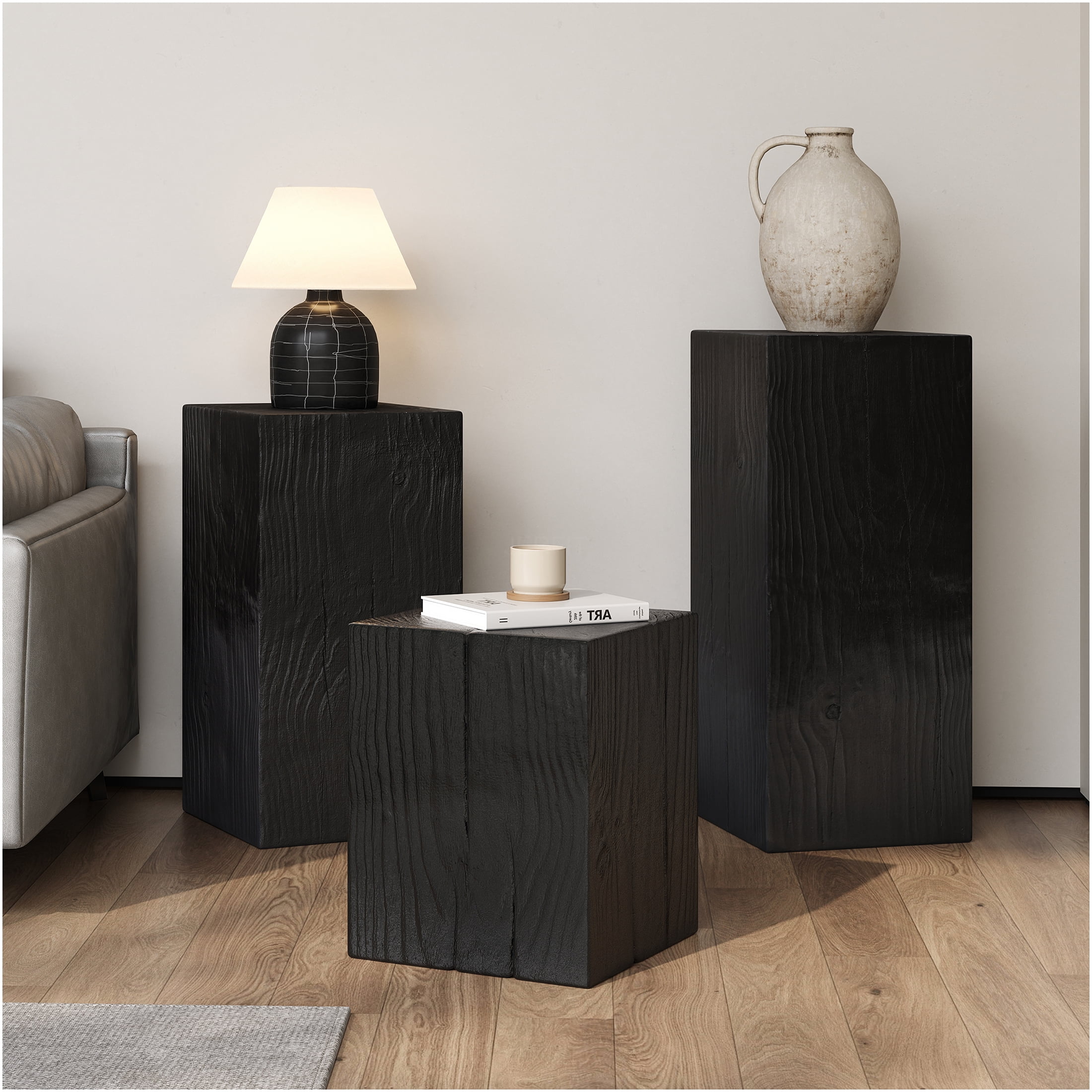 JERFIT 3-Tier Stackable End Table Set, Black Square MGO Side Tables for ...