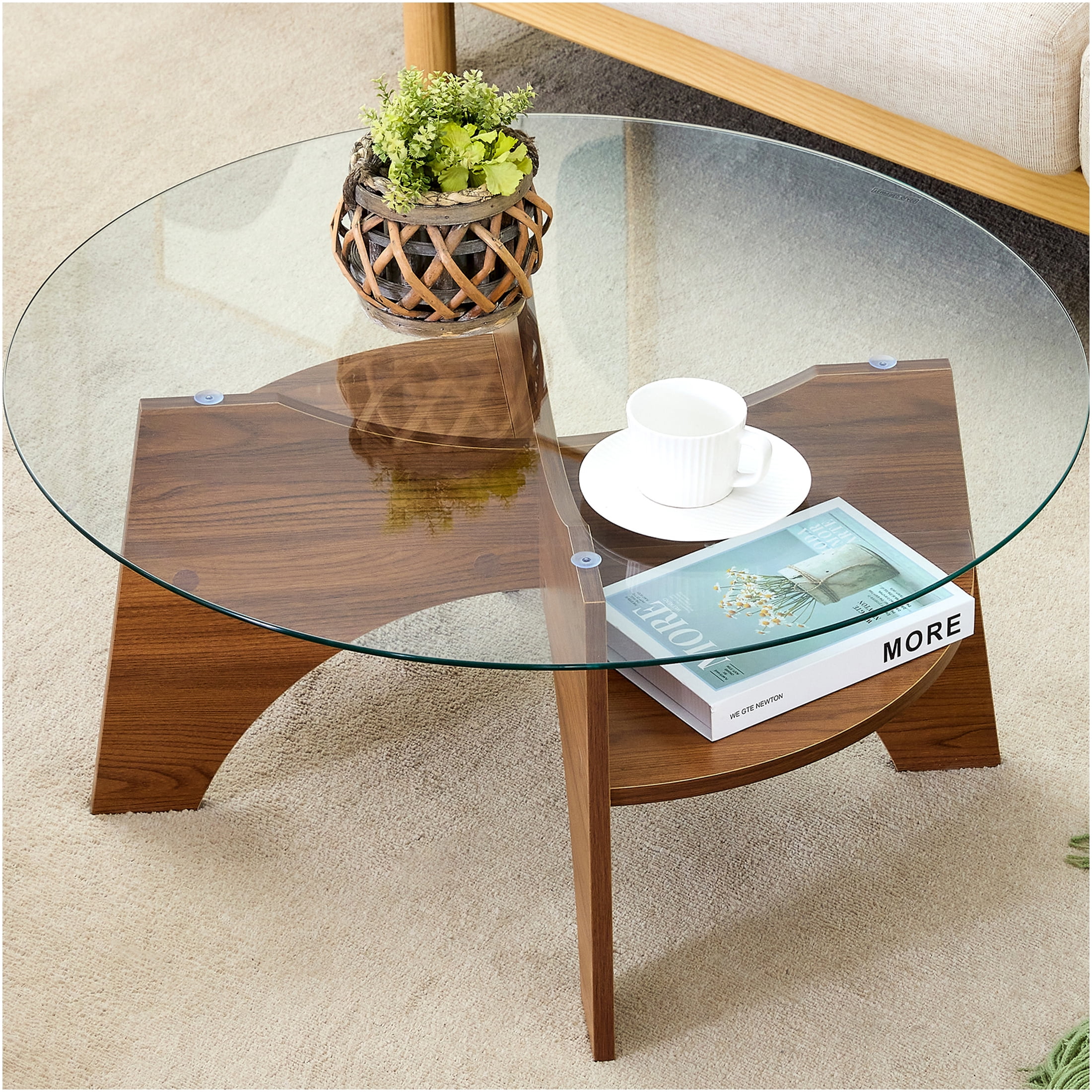 JERFIT 31.5 inch Round Coffee Table with Tempered Glass Top and Walnut ...