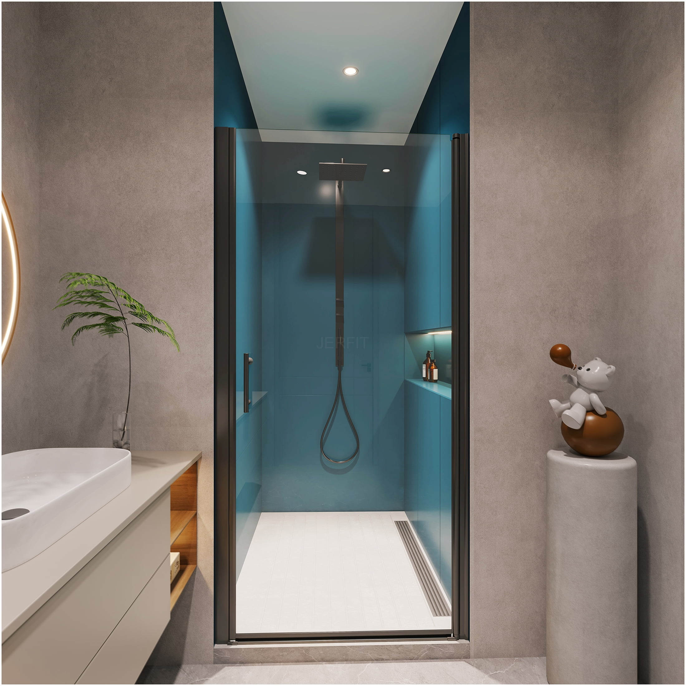 JERFIT 34-31.5" Matte Black Pivot Shower Door Kit with Tempered Glass ...