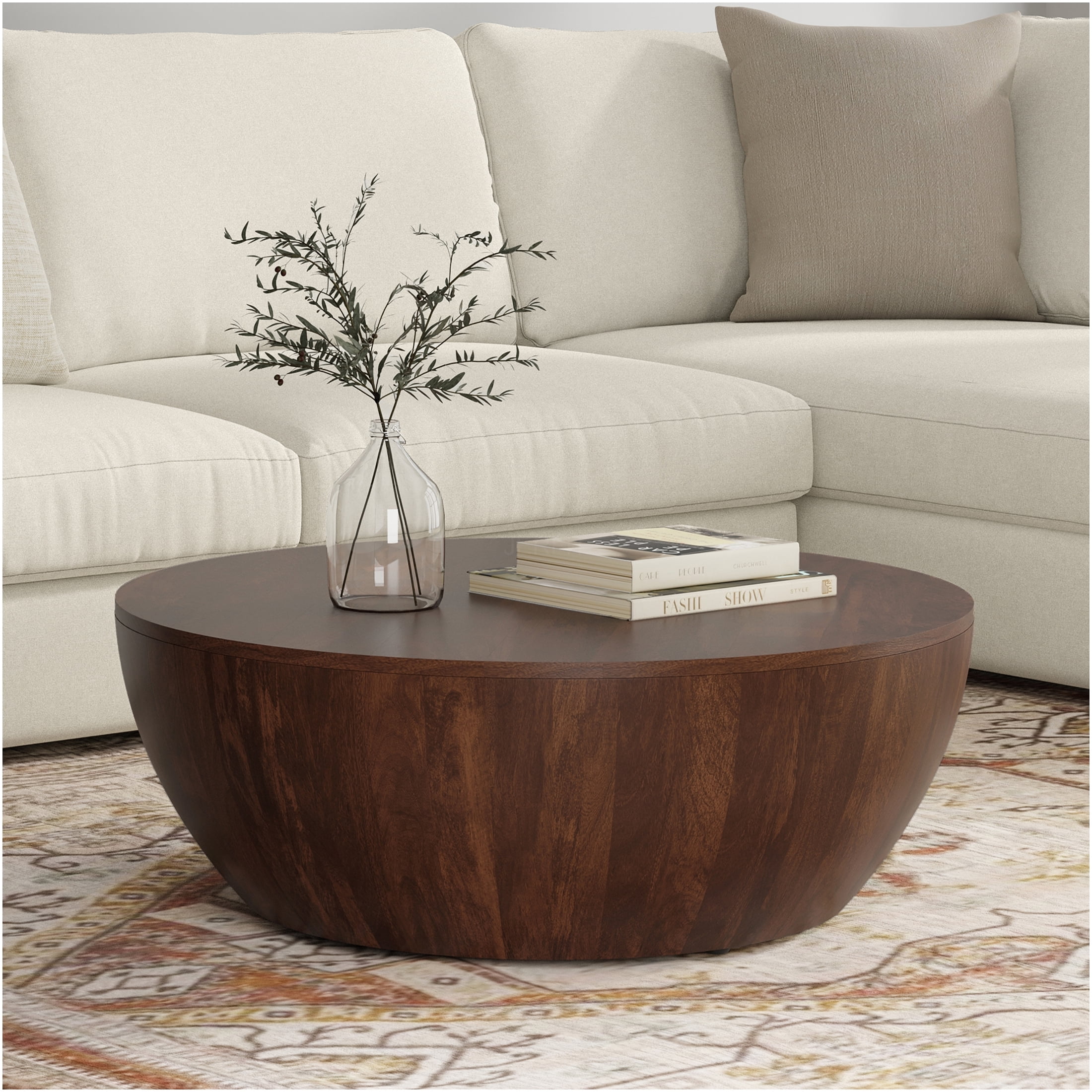 JERFIT 34 inch Round Solid Wood Coffee Table, Modern Farmhouse Drum End ...