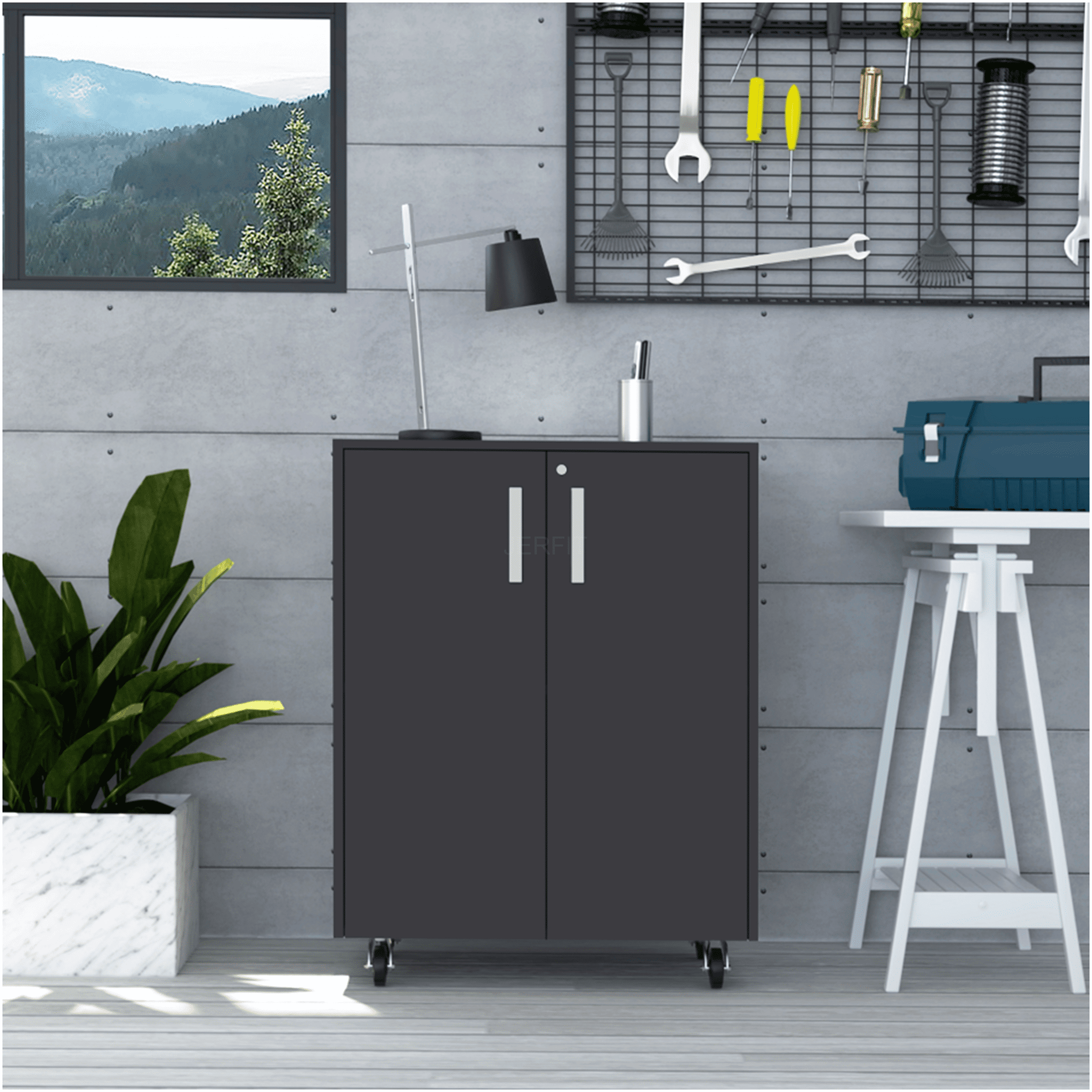 JERFIT 35 Inch Rolling Storage Cabinet with Lock, 2-Door Organizer with ...