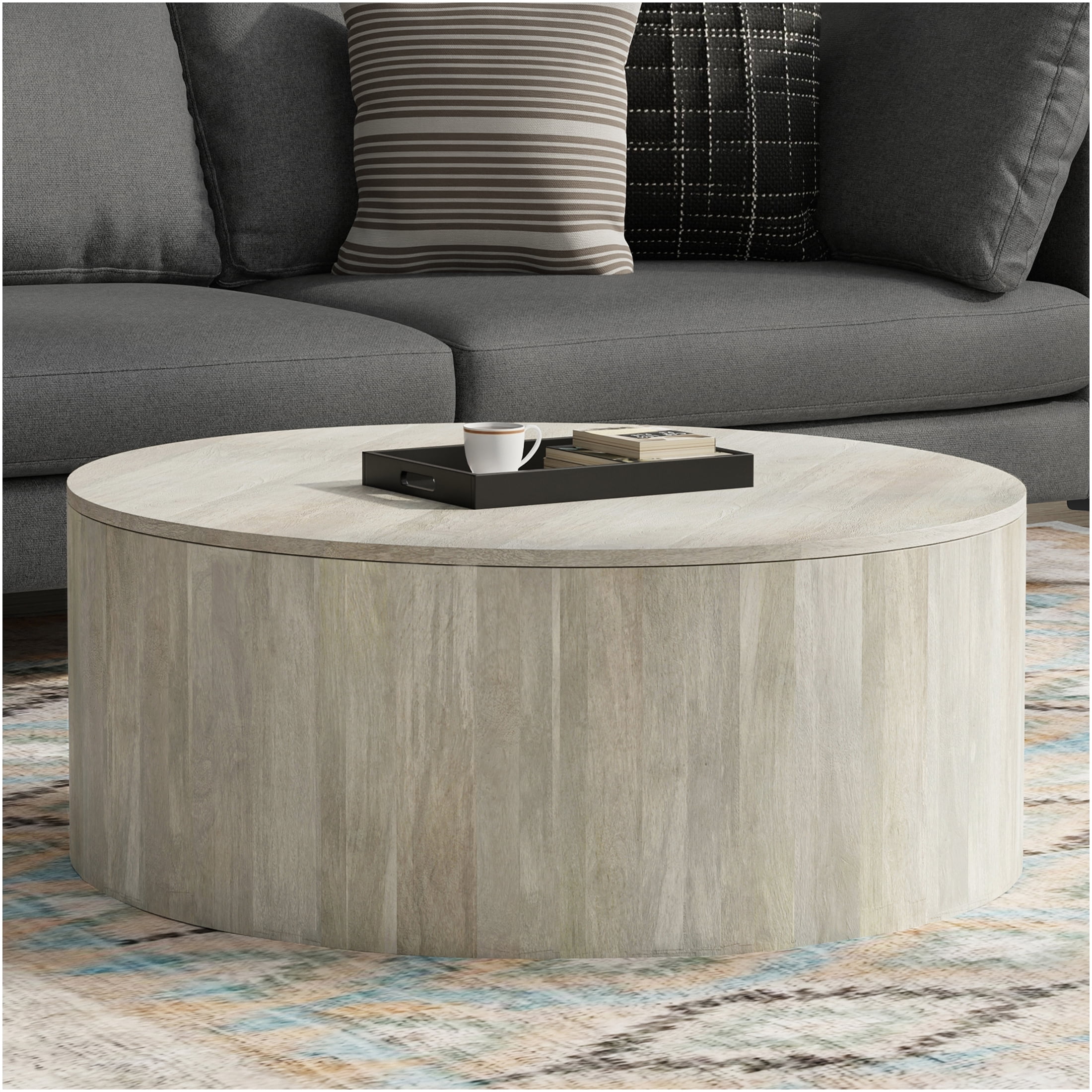 JERFIT 36 Inch Round Coffee Table, Modern Wood Drum Cocktail Table for ...