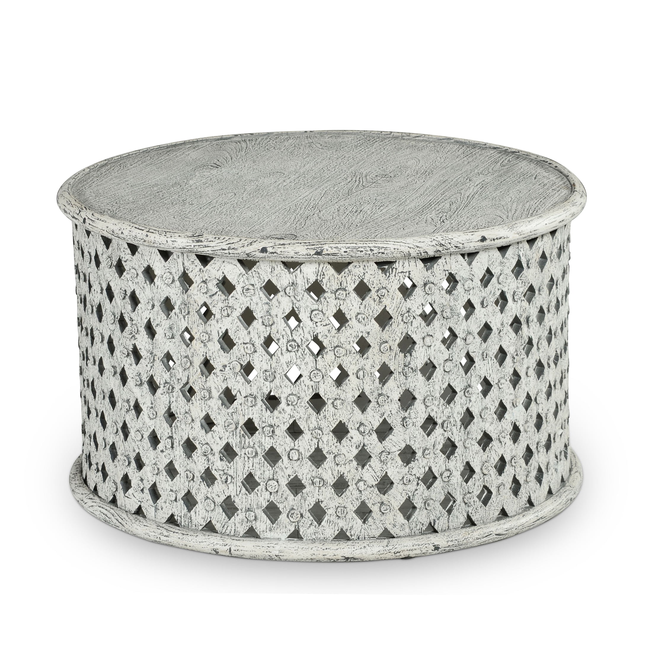 JERFIT 36 Inch Round Coffee Table with Carved Lattice Base, White ...