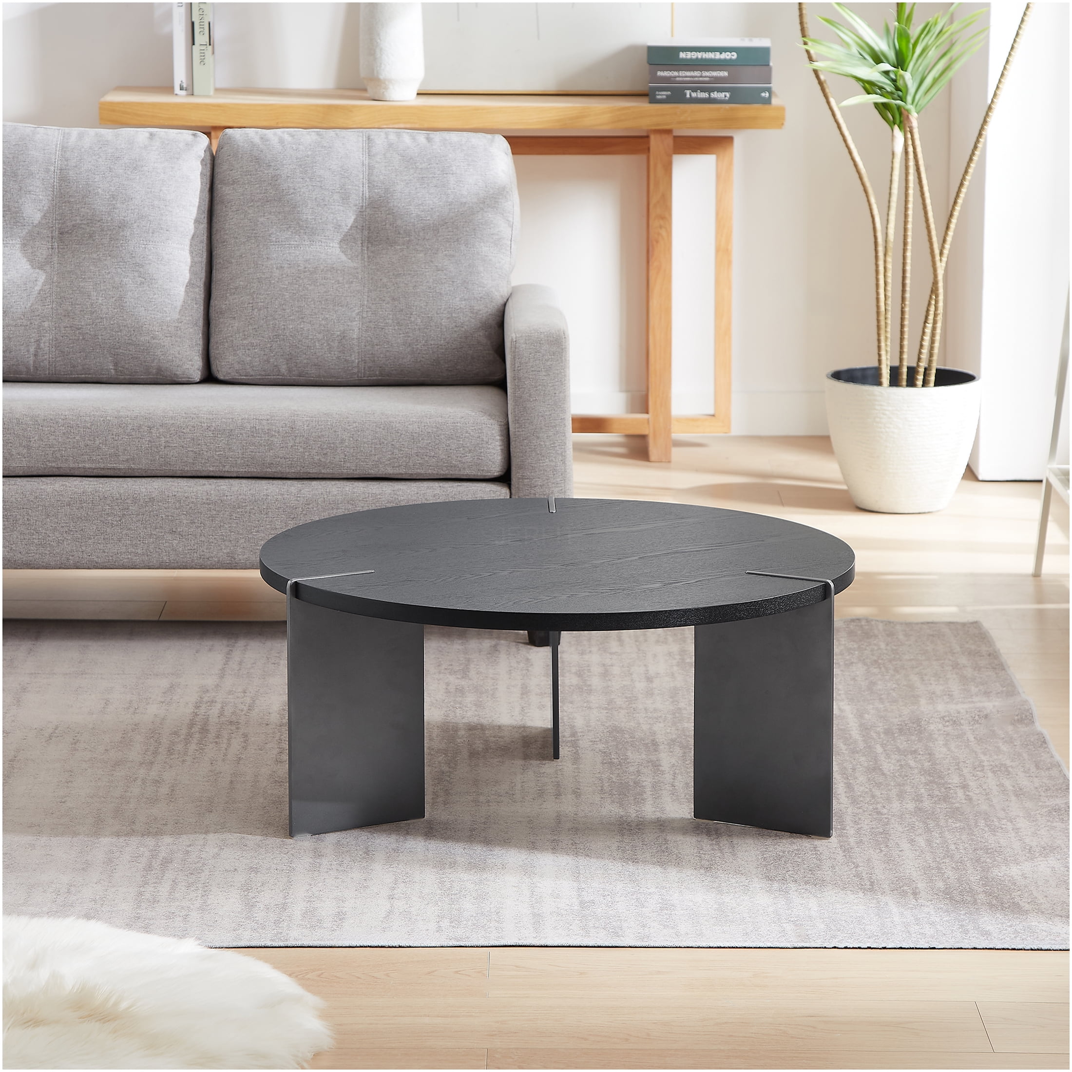 JERFIT 36 Inch Round Coffee Table with Faux Oak Wood Top and Metal Legs ...