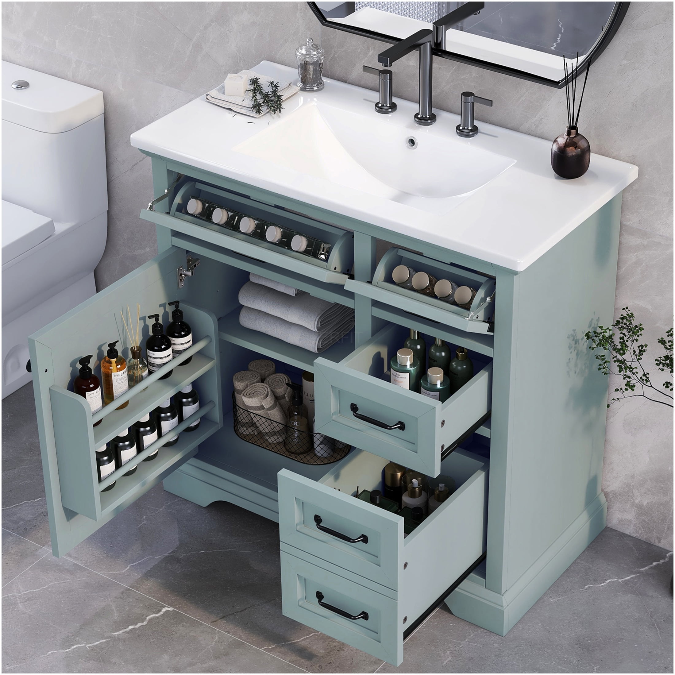 JERFIT 36 inch Modern Grey Bathroom Vanity Set with Ceramic Sink, 4 ...