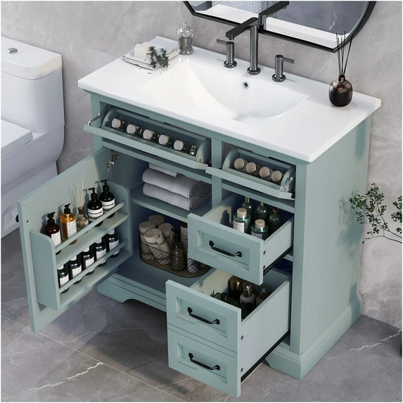 JERFIT 36 inch Modern Grey Bathroom Vanity Set with Ceramic Sink, 4 ...