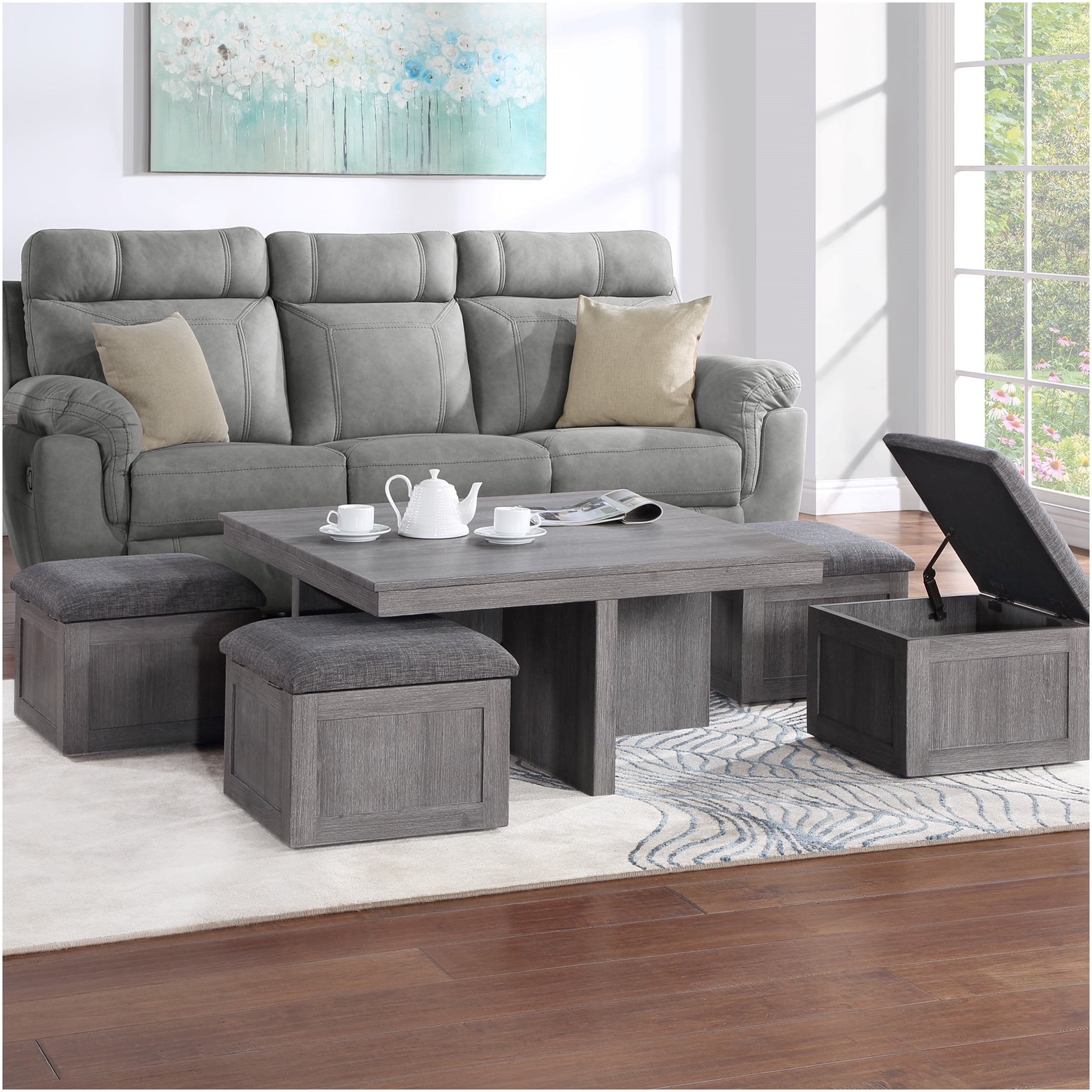JERFIT 38 Inch Modern Farmhouse Coffee Table with 4 Storage Ottomans ...
